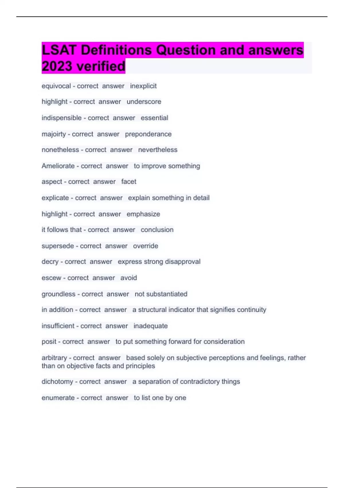 LSAT Definitions Question and answers 2023 verified - LSAT Definitions - Stuvia US