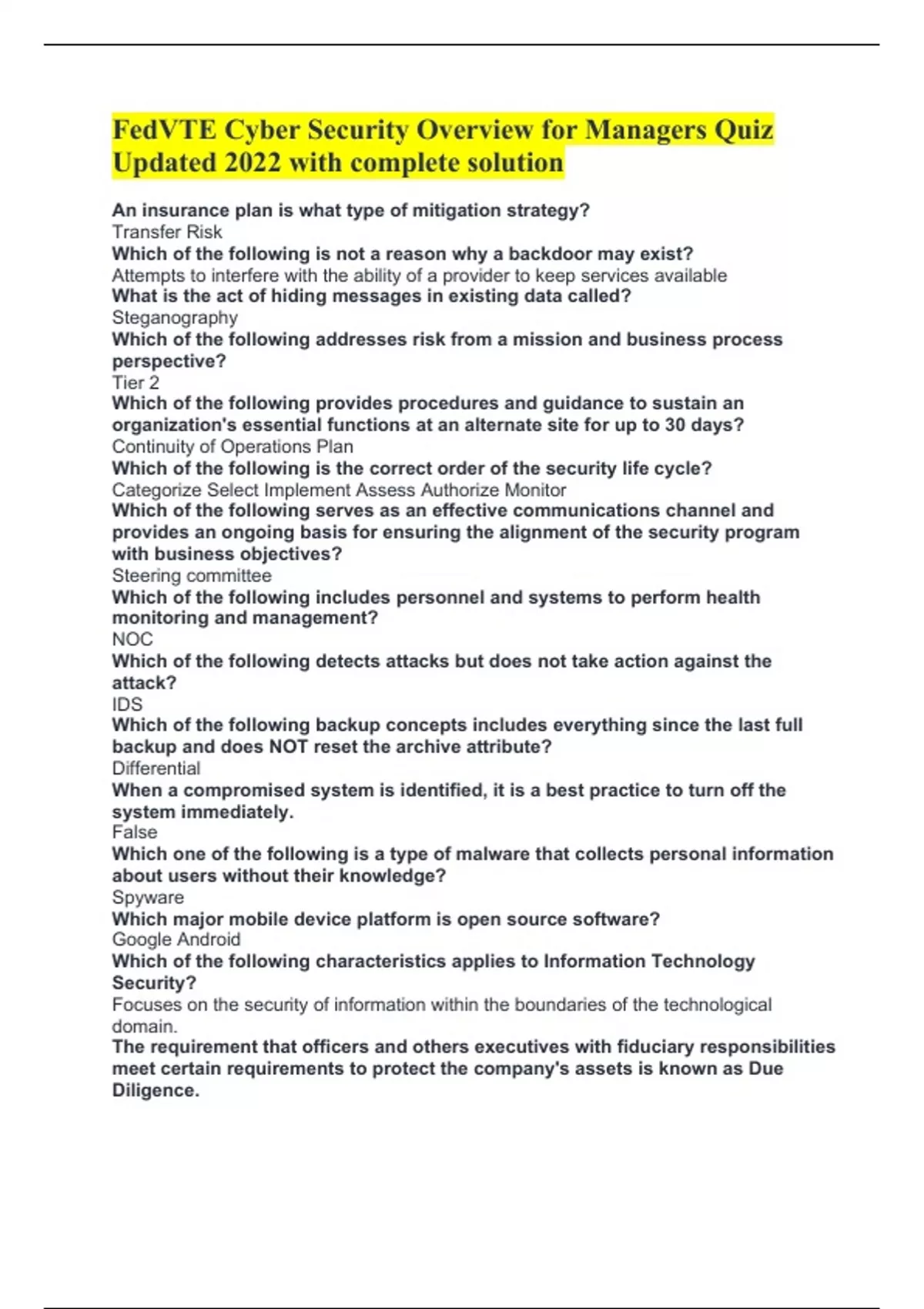 FedVTE Cyber Security Overview for Managers Quiz Updated 2022 with ...