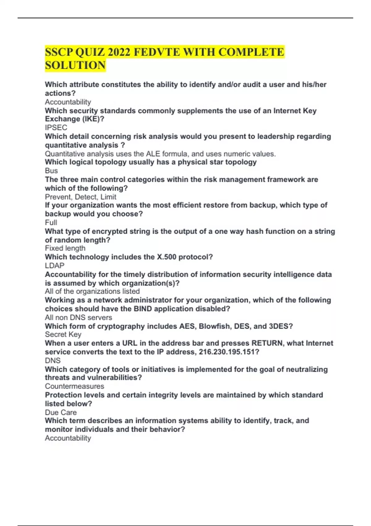 SSCP QUIZ 2022 FEDVTE WITH COMPLETE SOLUTION - FEDVTE - Stuvia US