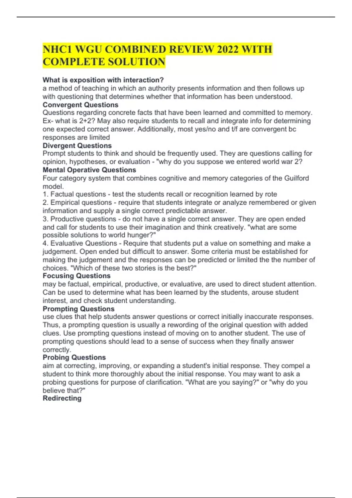 NHC1 WGU COMBINED REVIEW 2022 WITH COMPLETE SOLUTION - NHC1 WGU - Stuvia US