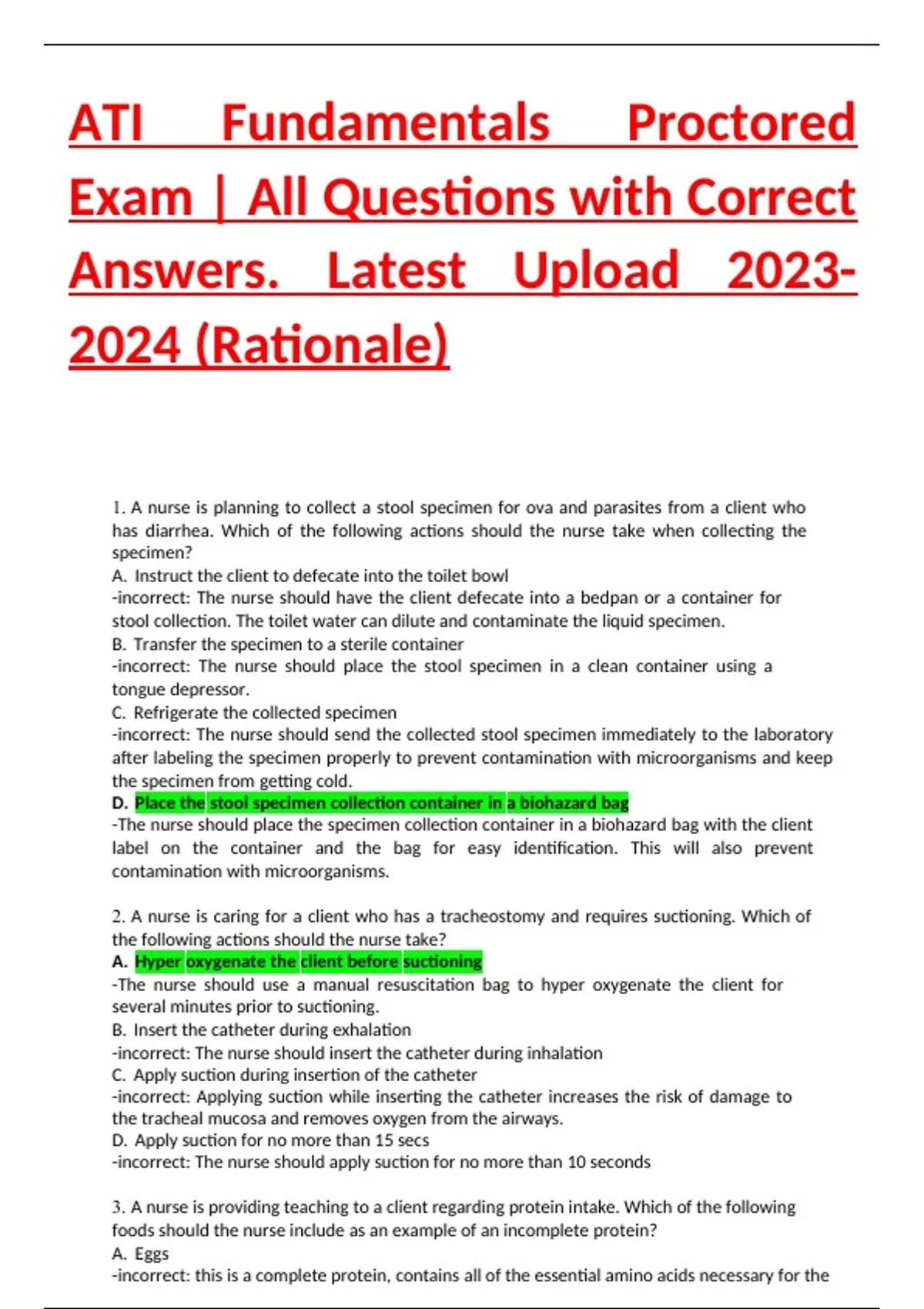 ATI Fundamentals Proctored Exam | All Questions with Correct Answers ...