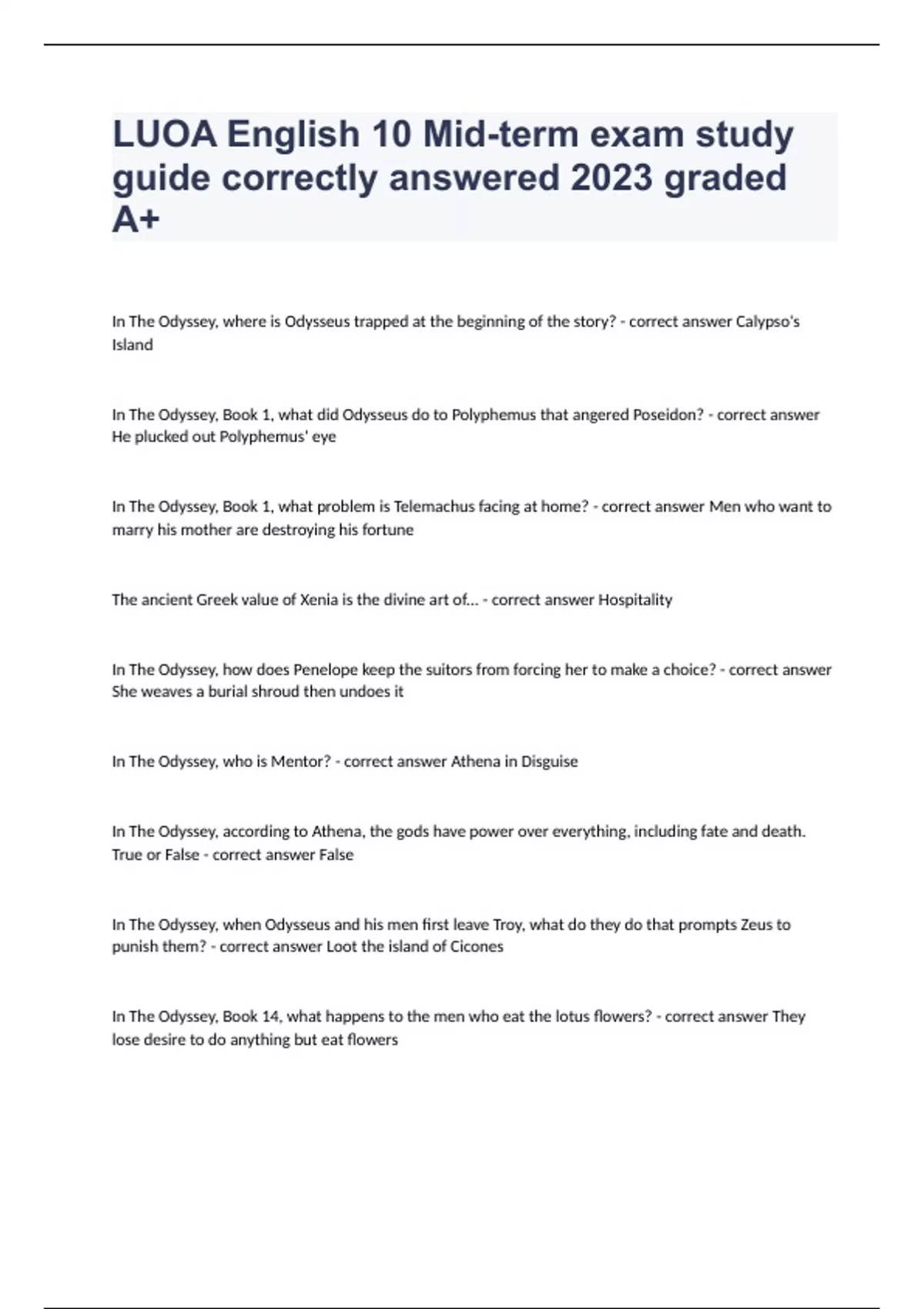 LUOA English 10 Mid-term exam study guide correctly answered 2023 ...