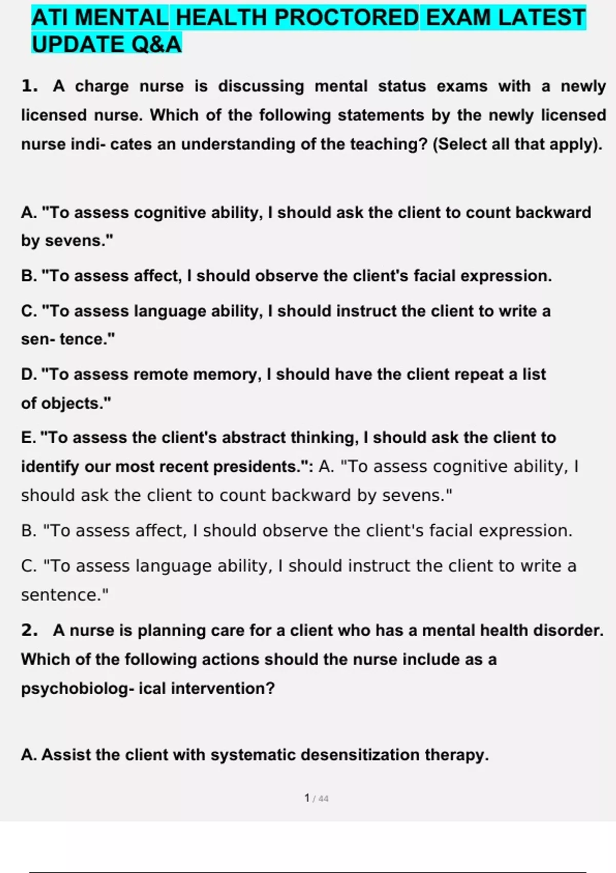 ATI MENTAL HEALTH PROCTORED EXAM LATEST 2022 2023 UPDATE QUESTIONS AND