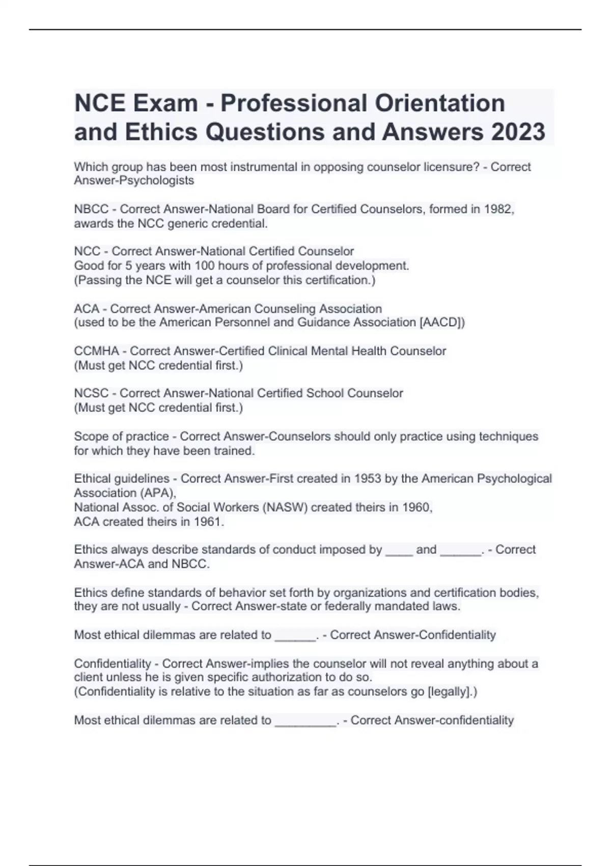 NCE Exam - Professional Orientation and Ethics Questions and Answers ...