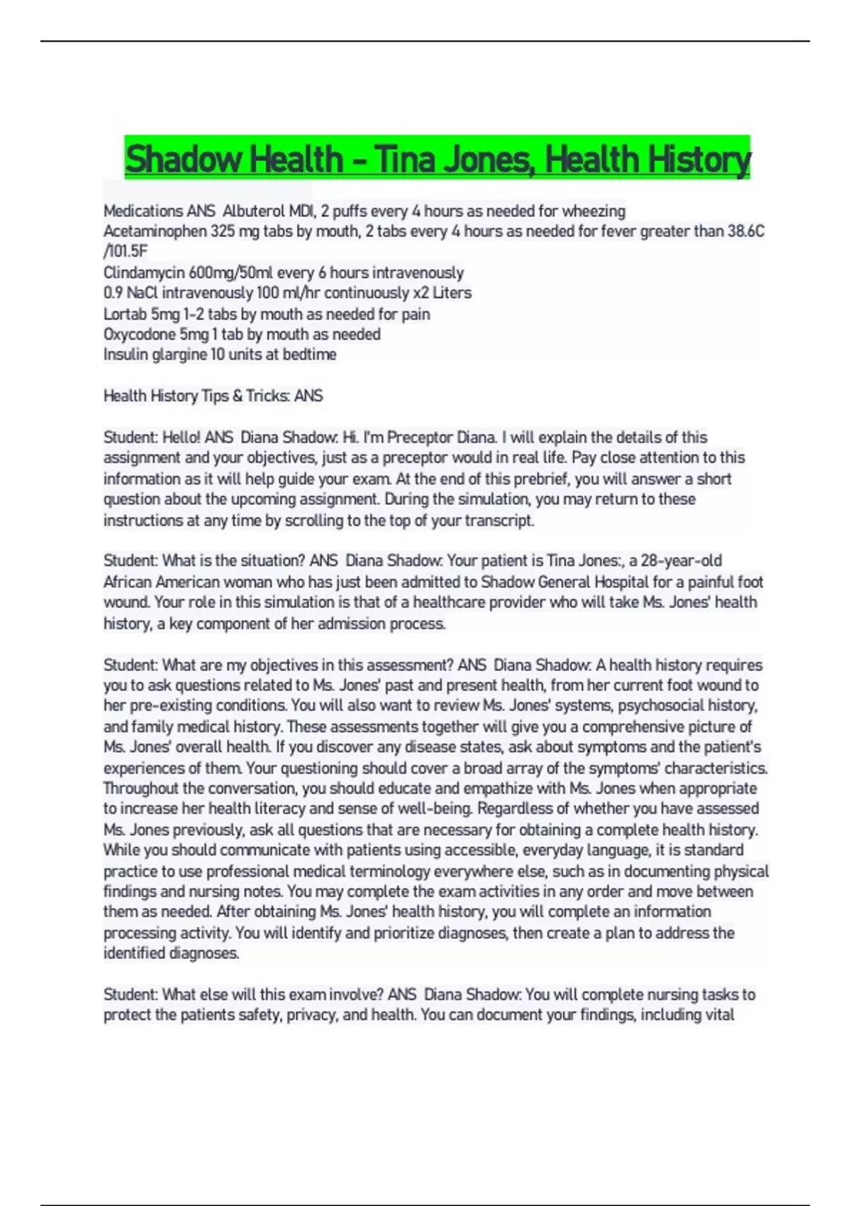 SHADOW HEALTH - TINA JONES, HEALTH HISTORY FOCUSED EXAM ALL ANSWERED ...