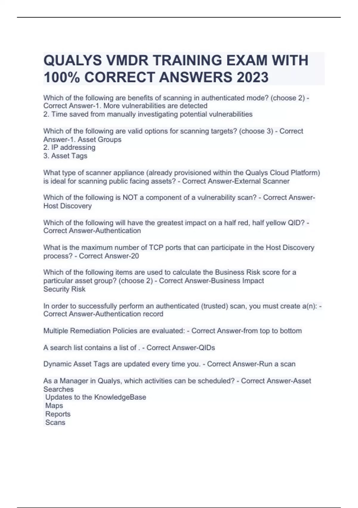 QUALYS VMDR TRAINING EXAM WITH 100% CORRECT ANSWERS 2023 - Qualys ...