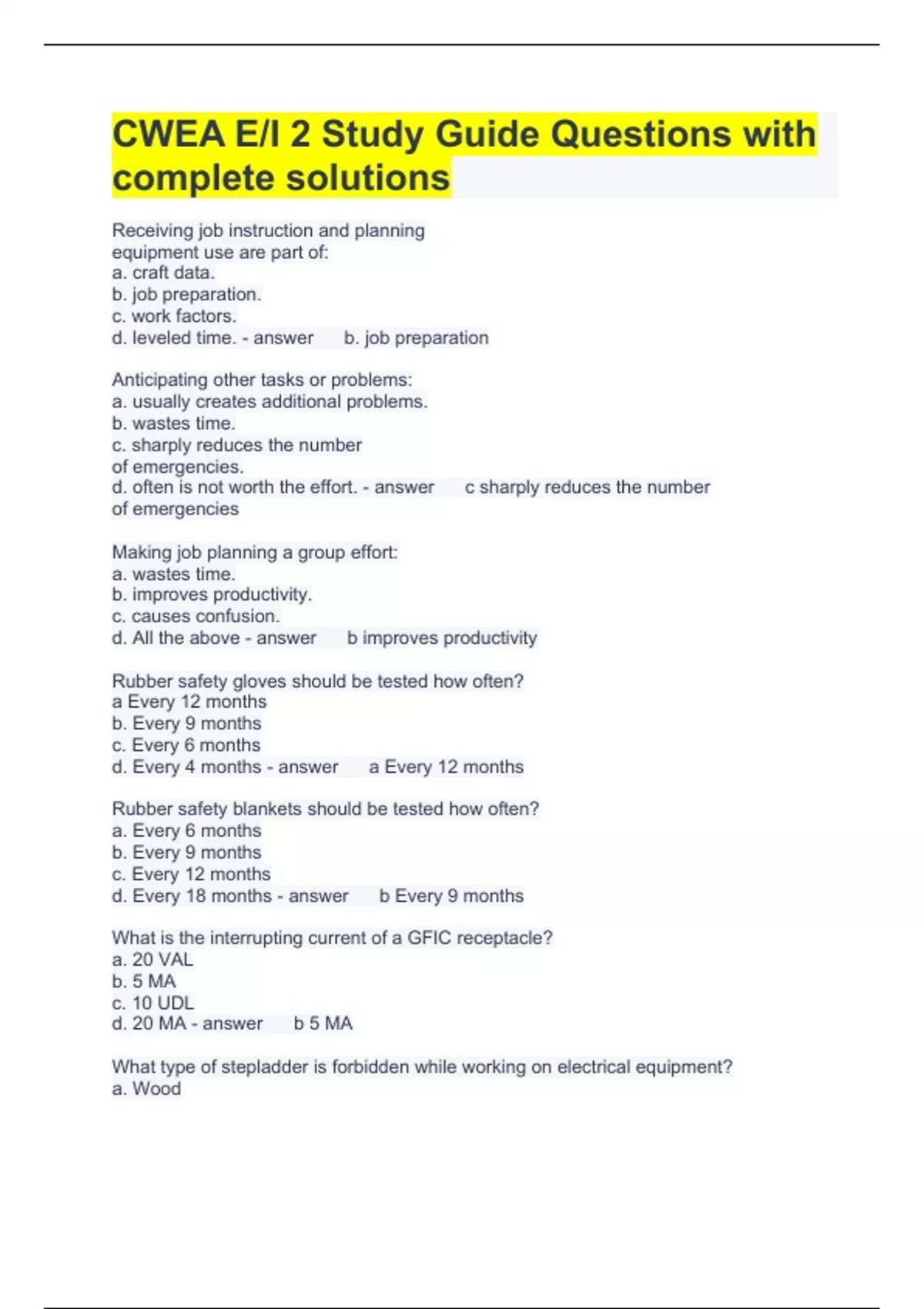 CWEA E/I 2 Study Guide Questions with complete solutions - Cwea - Stuvia US