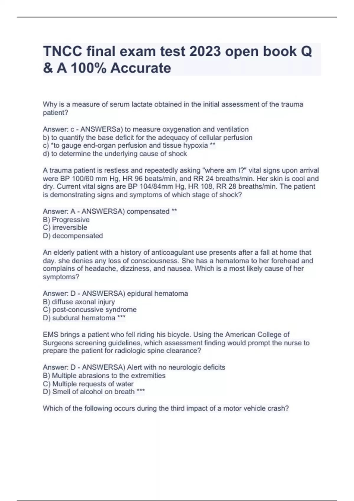 TNCC final exam test 2023 open book Q & A 100% Accurate - TNCC - Stuvia US