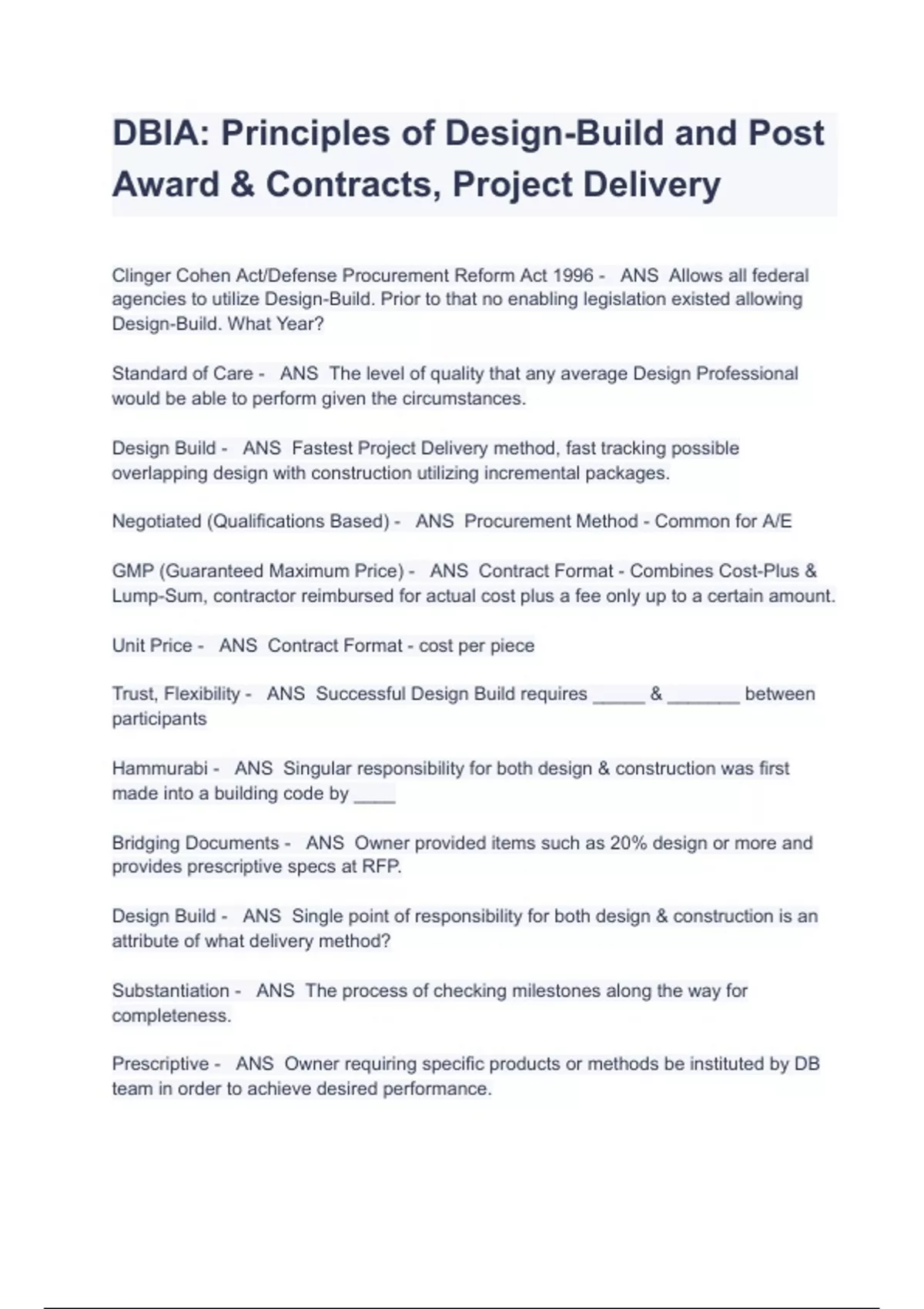 DBIA: Principles of Design-Build and Post Award & Contracts, Project ...