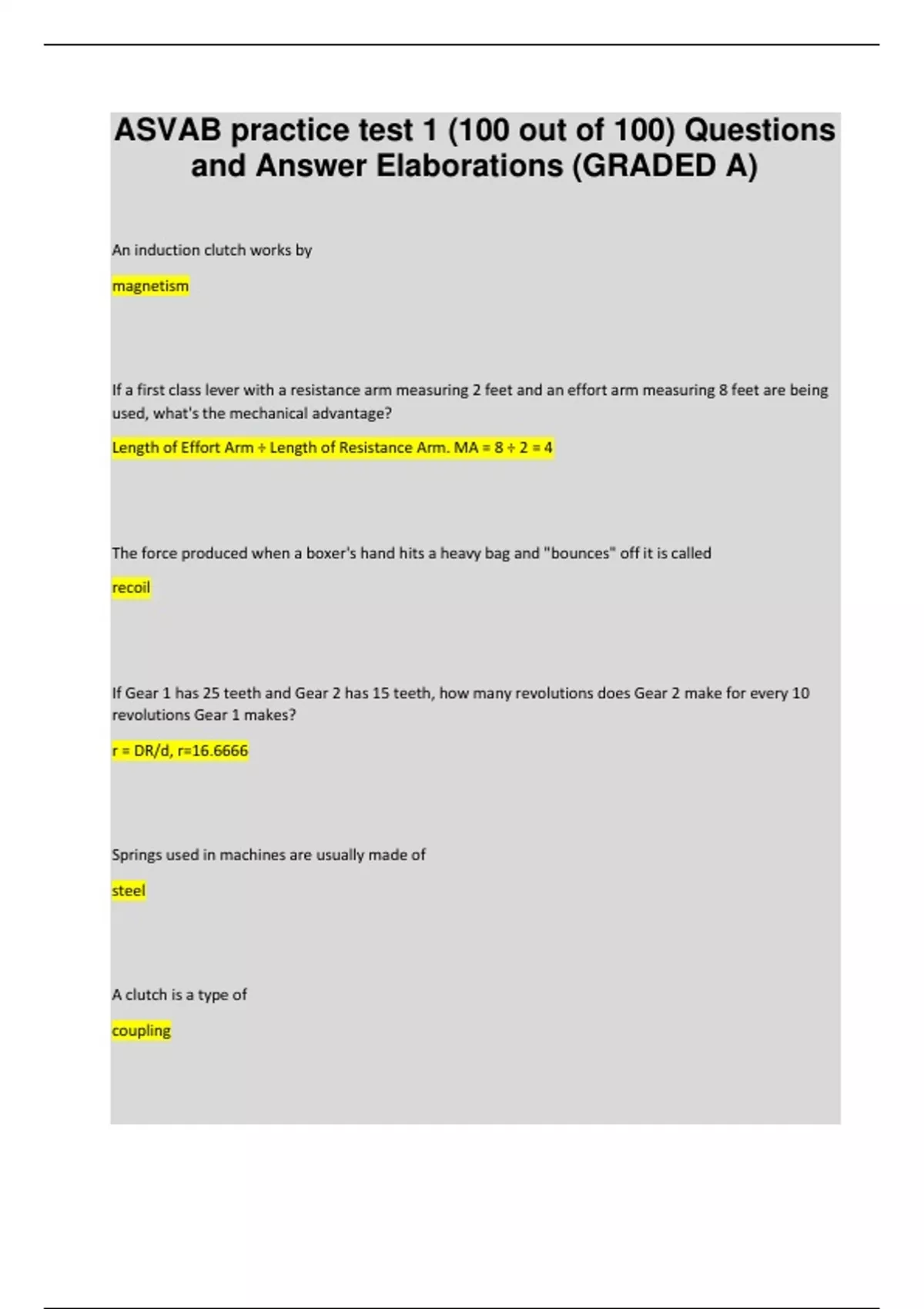 ASVAB practice test 1 (100 out of 100) Questions and Answer ...