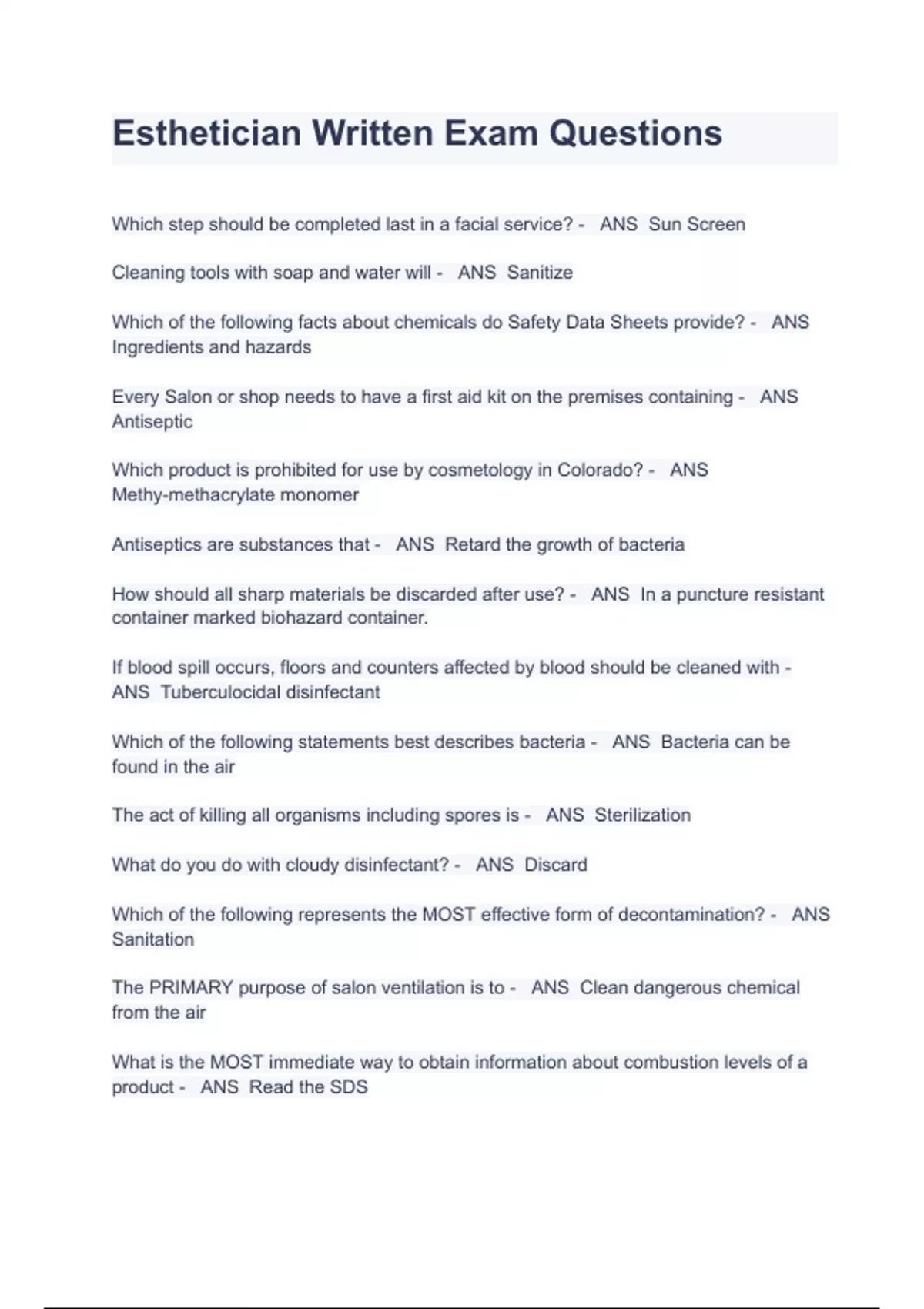 Esthetician Written Exam Questions With Correct Answers - Esthetician ...