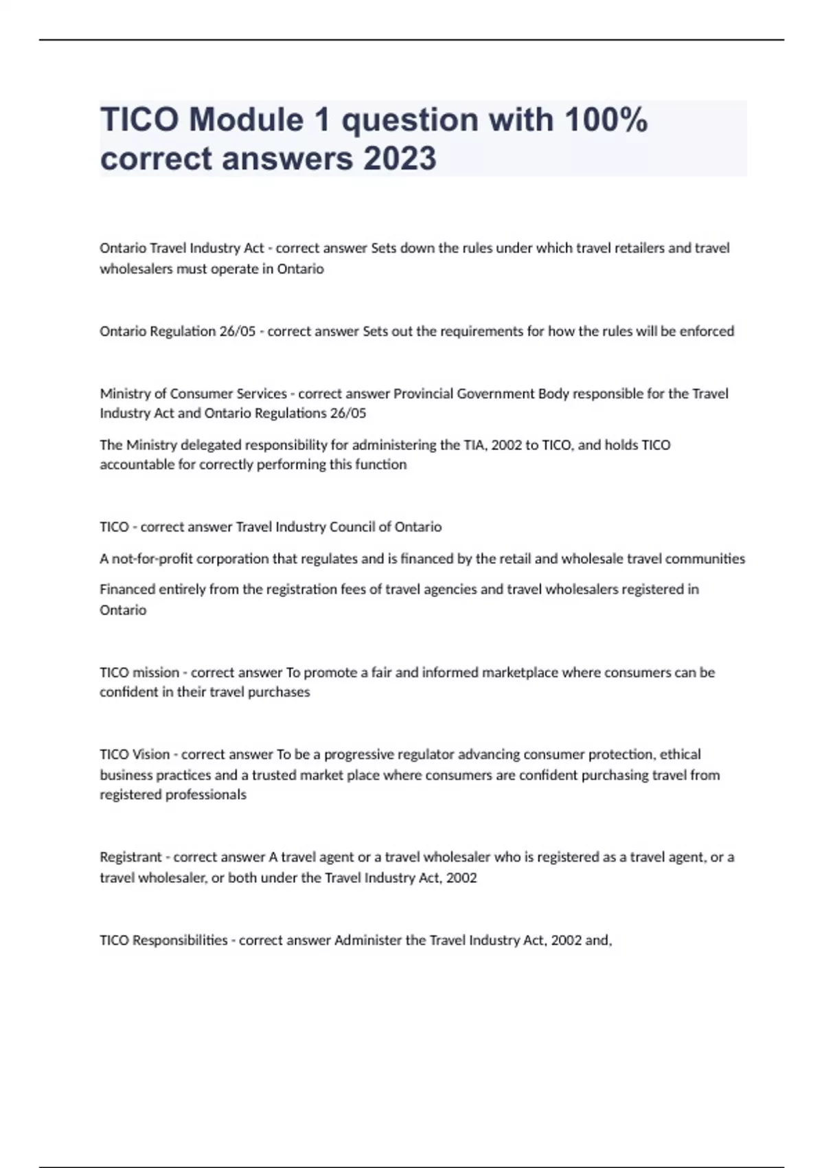 TICO Module 1 question with 100% correct answers 2023 - TICO - Stuvia US