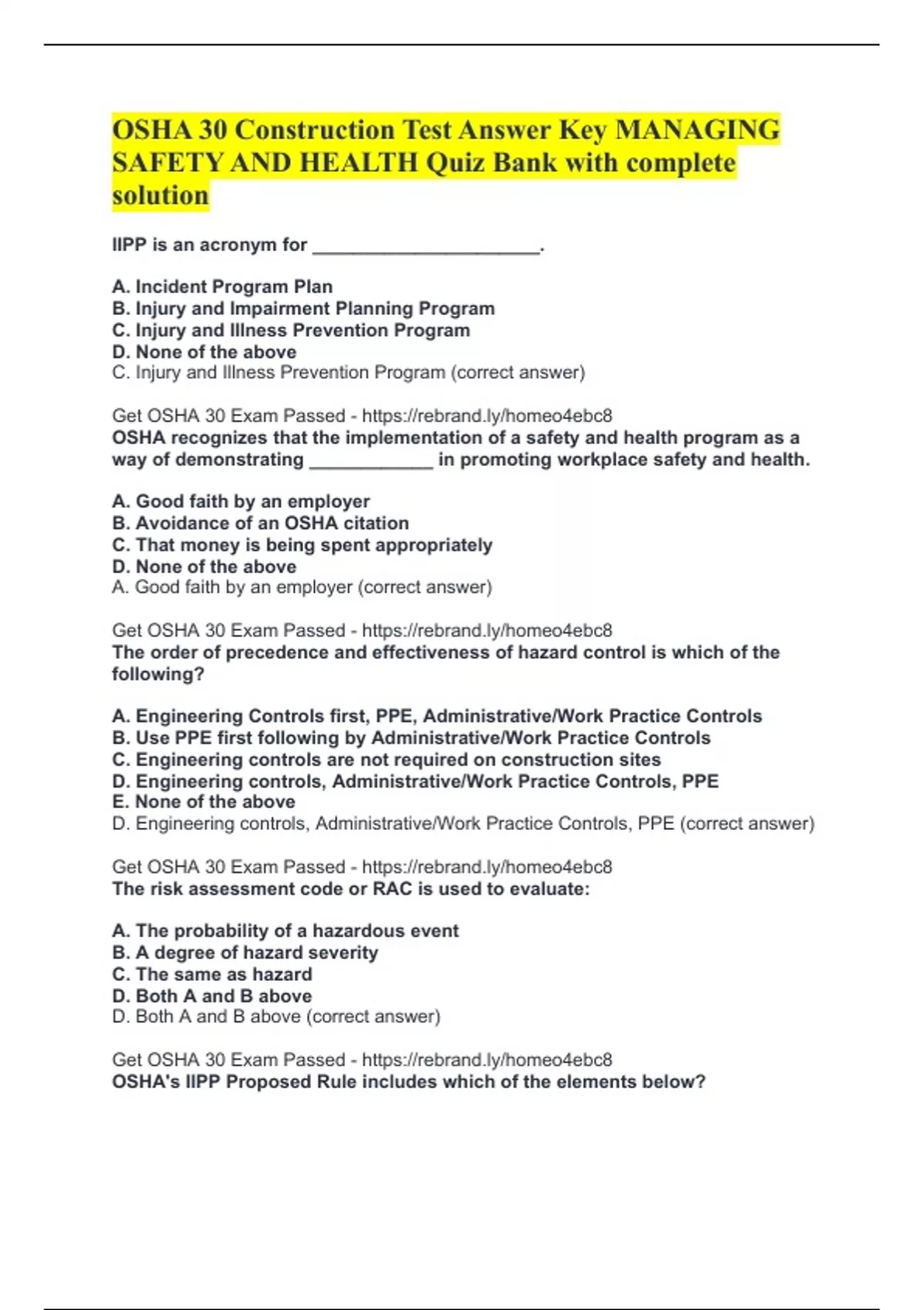 OSHA 30 Construction Test Answer Key MANAGING SAFETY AND HEALTH Quiz ...
