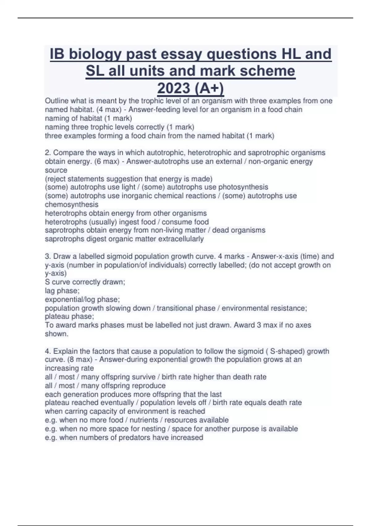 IB biology past essay questions HL and SL all units and mark scheme 2023 (A+ - Ib biology ...