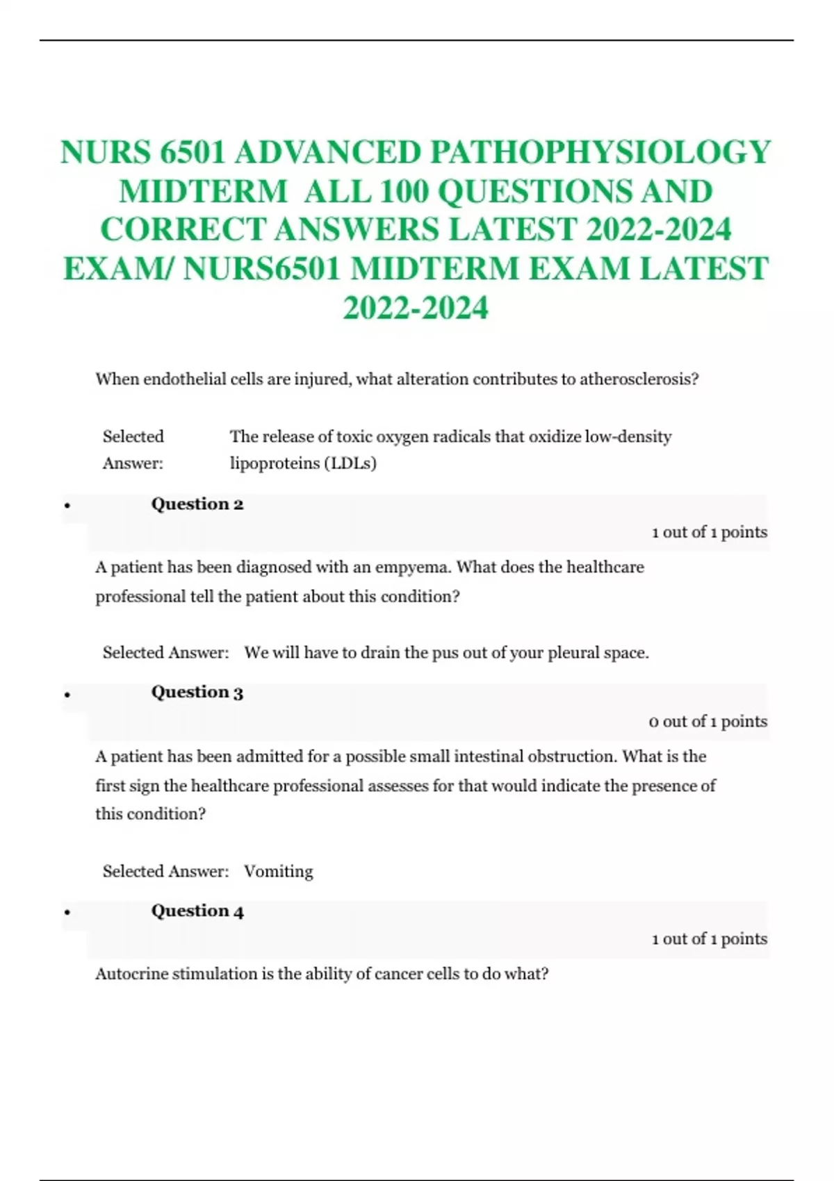 NURS 6501 ADVANCED PATHOPHYSIOLOGY MIDTERM ALL 100 QUESTIONS AND ...