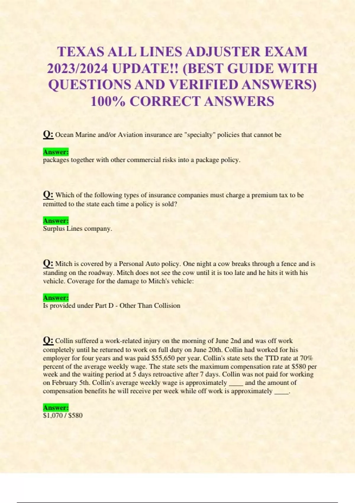 TEXAS ALL LINES ADJUSTER EXAM 2023/2024 UPDATE!! (BEST GUIDE WITH ...