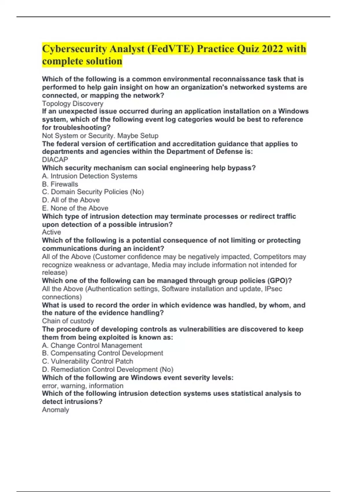 Cybersecurity Analyst (FedVTE) Practice Quiz 2022 with complete ...