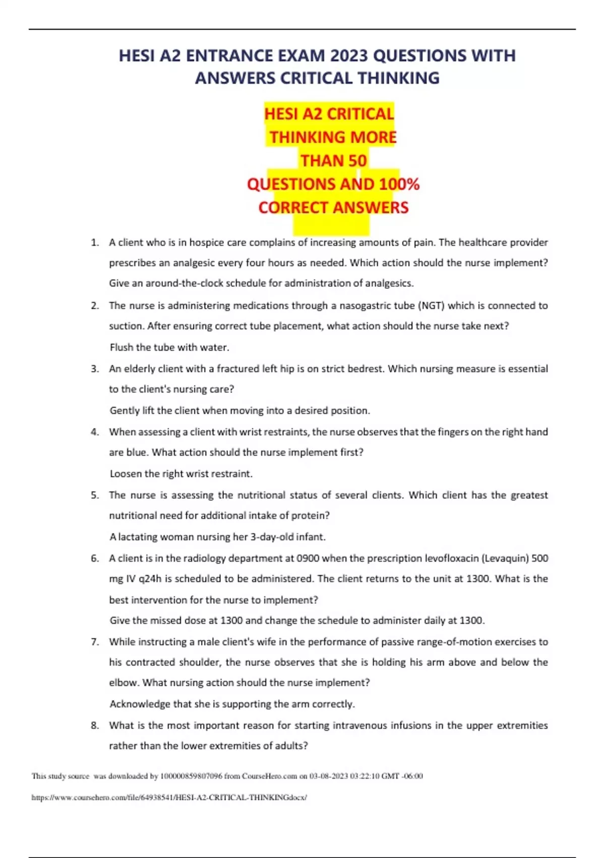 HESI A2 ENTRANCE EXAM 2023 QUESTIONS WITH ANSWERS CRITICAL THINKING - Hesi A2 - Stuvia US