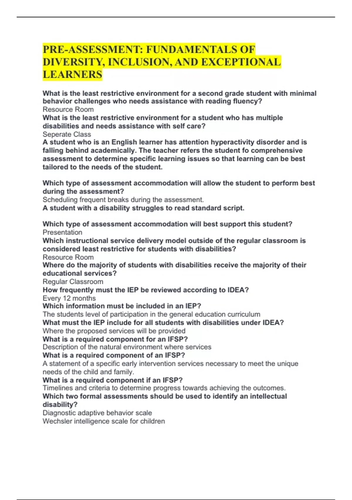 PRE-ASSESSMENT: FUNDAMENTALS OF DIVERSITY, INCLUSION, AND EXCEPTIONAL ...