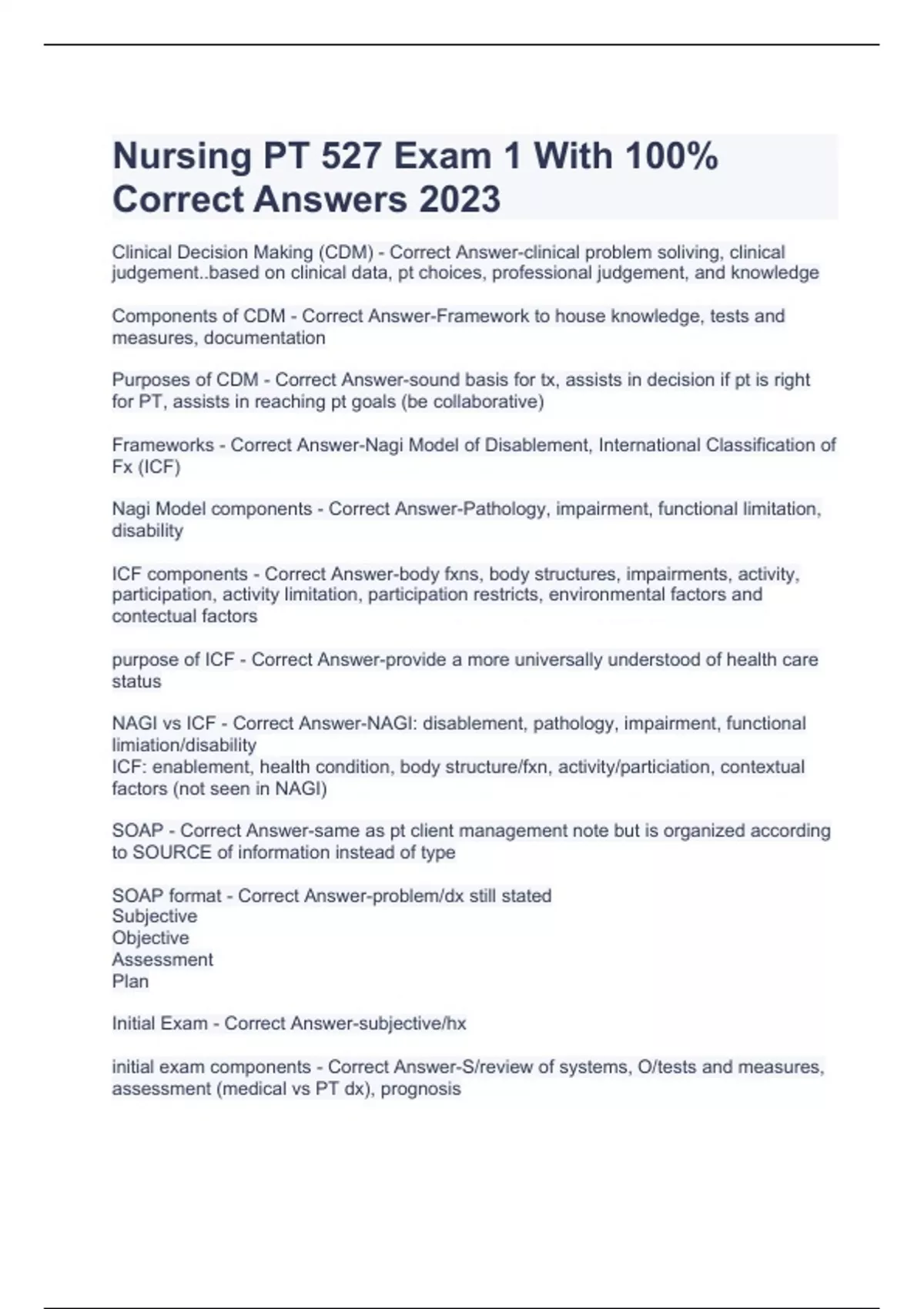 Nursing PT 527 Exam 1 With 100% Correct Answers 2023 - Nursing 527 ...