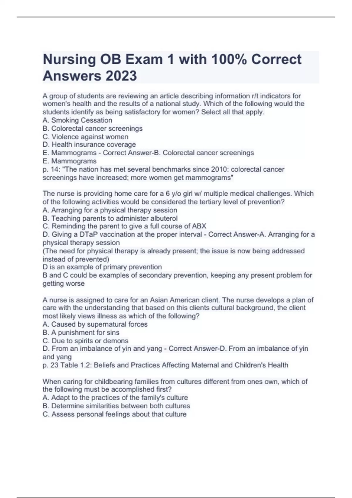 Nursing OB Exam 1 with 100% Correct Answers 2023 - Ob - Stuvia US