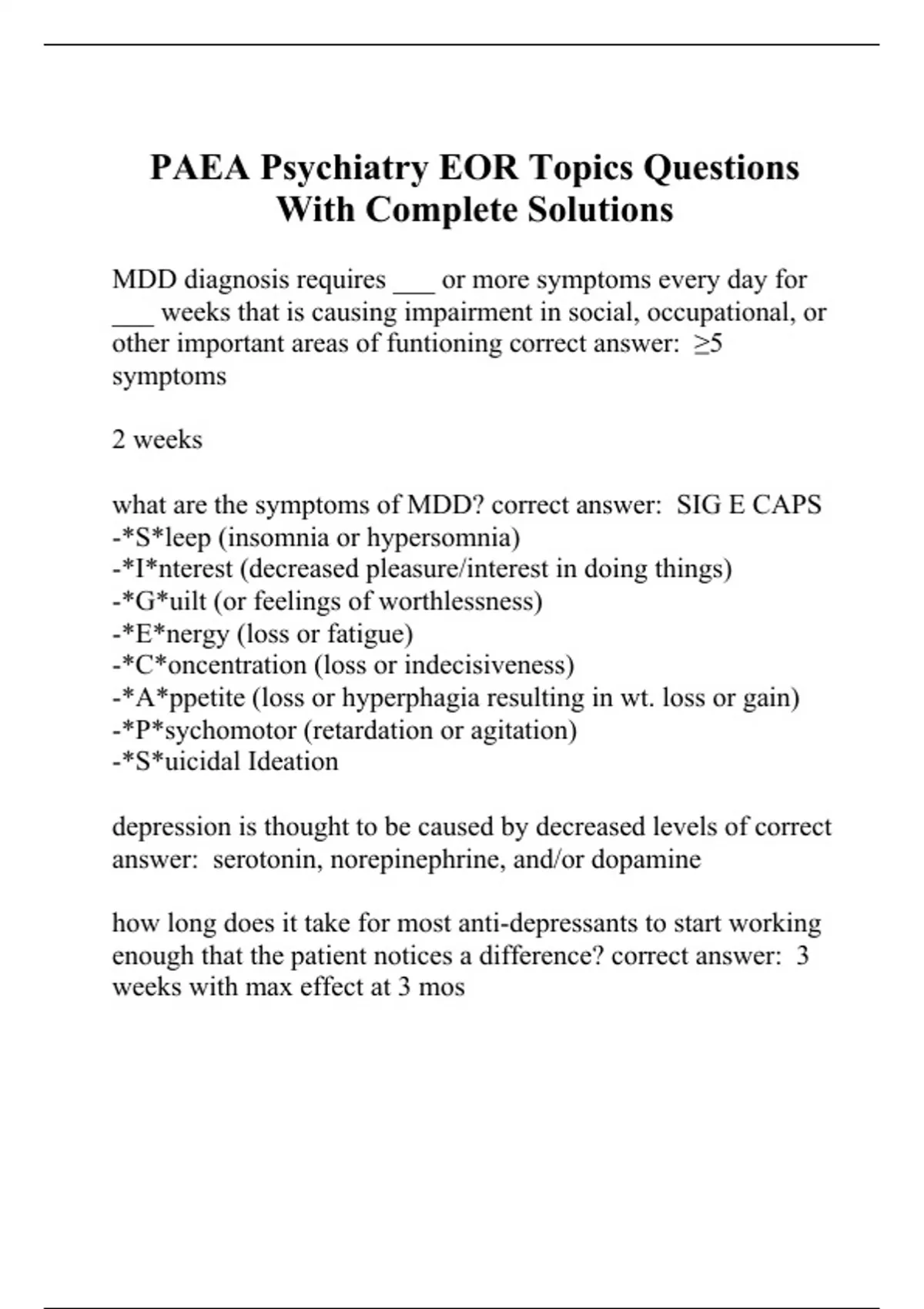 PAEA Psychiatry EOR Topics Questions With Complete Solutions - PAEA ...