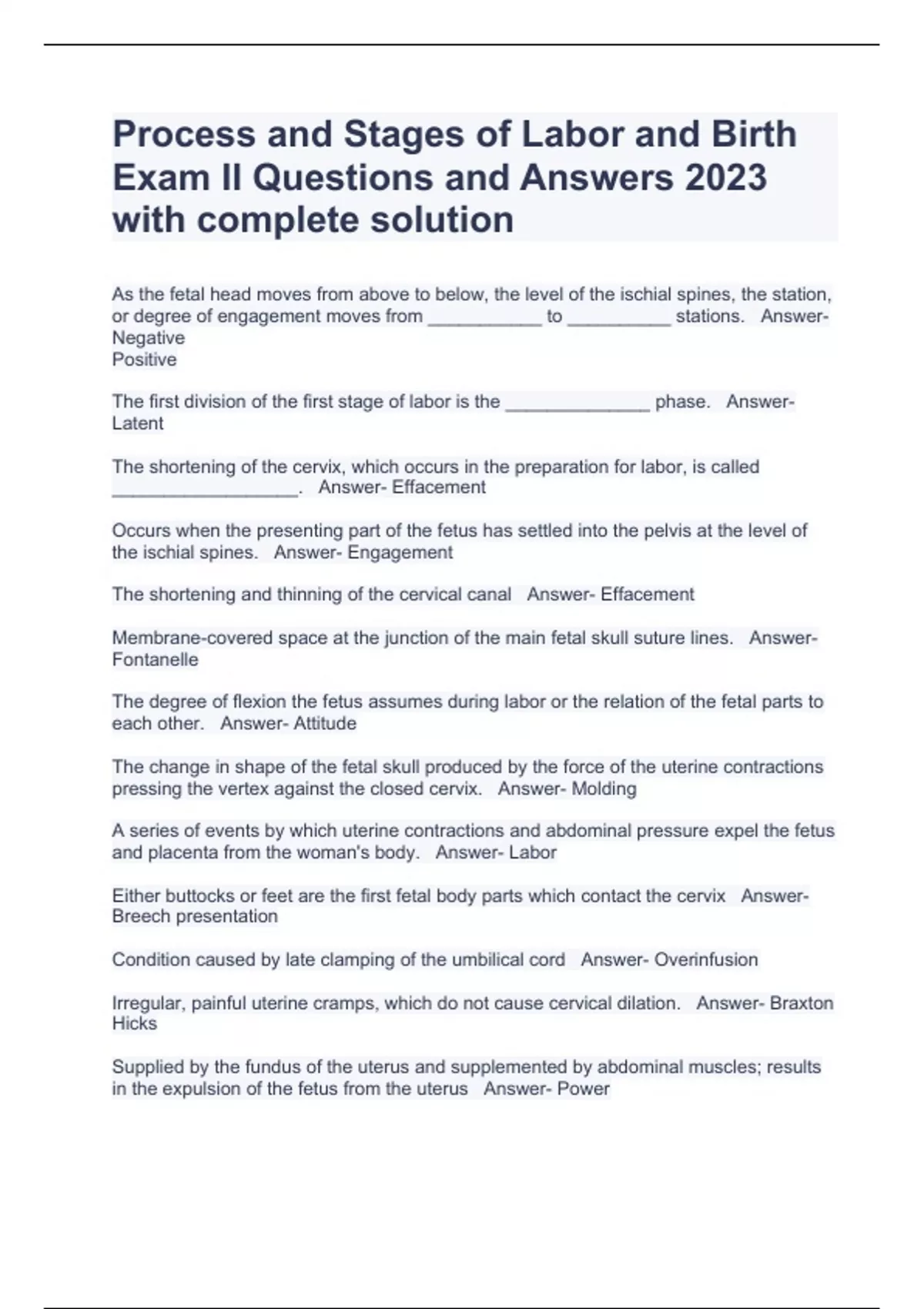 Process and Stages of Labor and Birth Exam II Questions and Answers ...