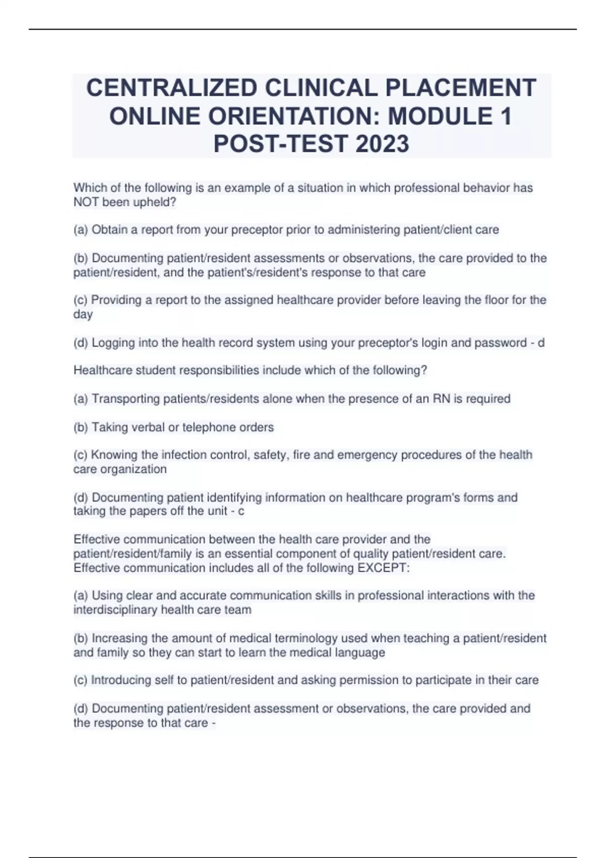 CENTRALIZED CLINICAL PLACEMENT ONLINE ORIENTATION: MODULE 1 POST-TEST ...