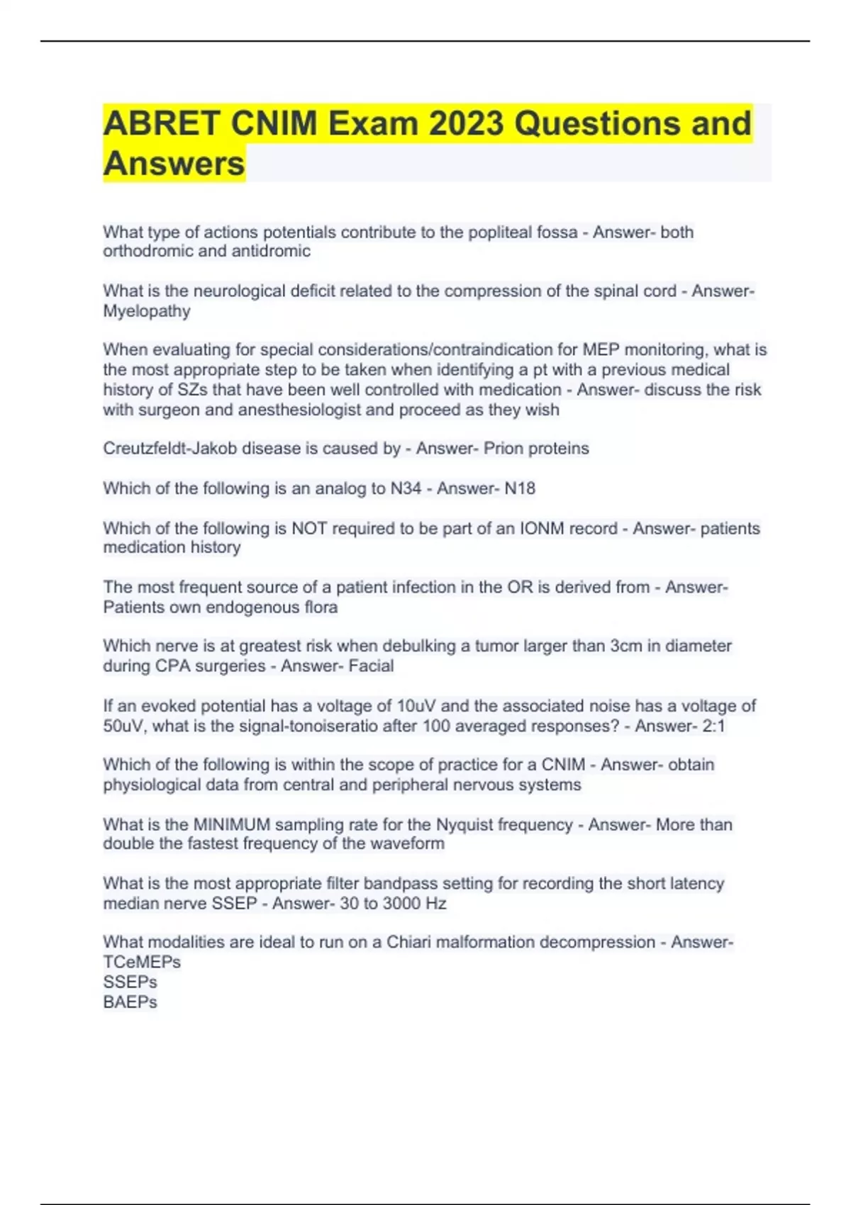 ABRET CNIM Exam 2023 Questions and Answers - CNIM - Stuvia US