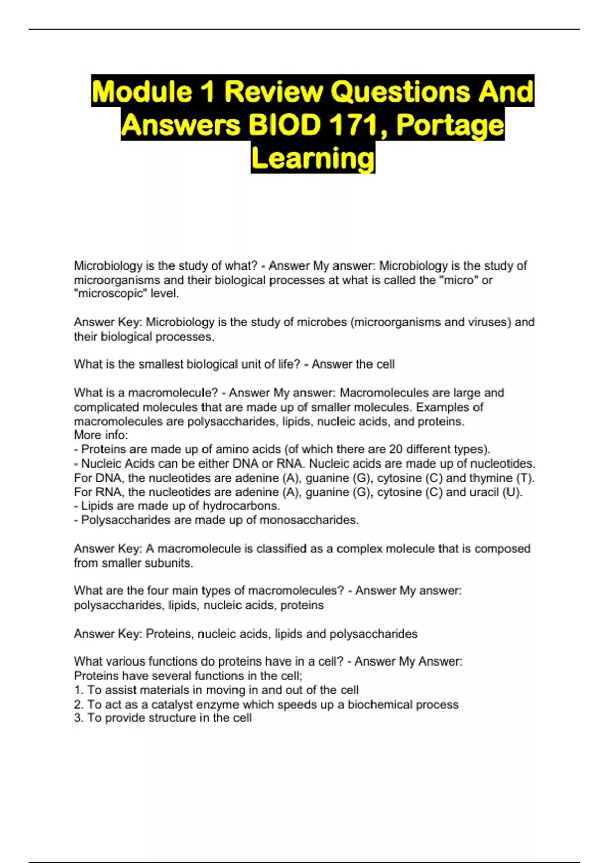 Module 1 Review Questions And Answers BIOD 171, Portage Learning - Module 1BIOD 171 - Stuvia US