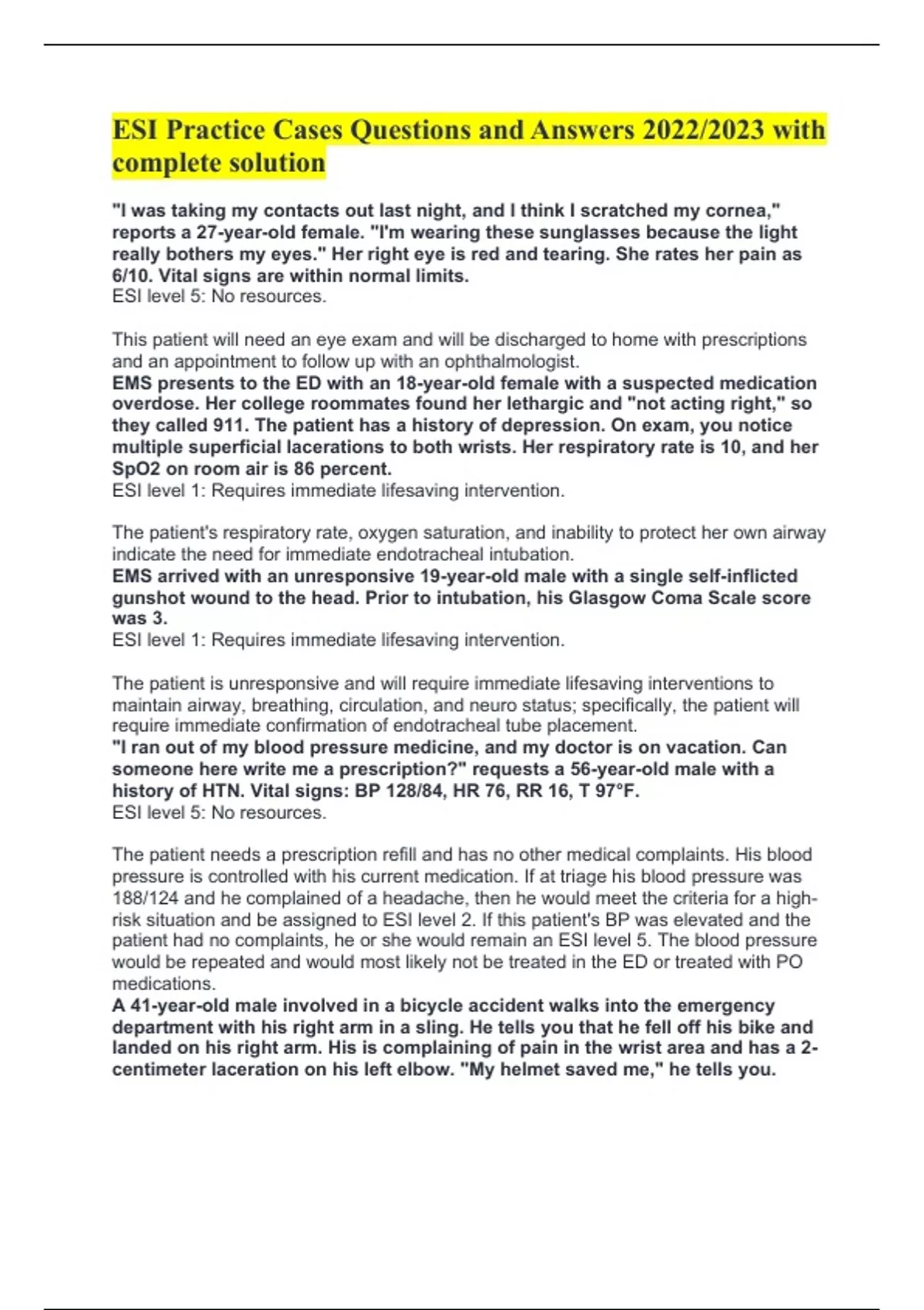 ESI Practice Cases Questions and Answers 2022/2023 with complete ...