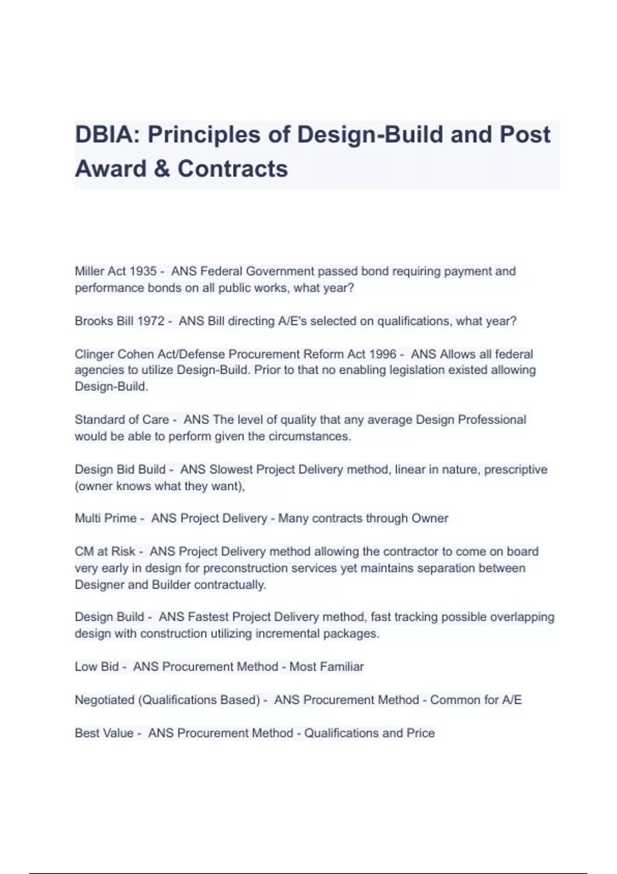 DBIA: Principles of Design-Build and Post Award & Contracts Questions & Answers 2023 ( A+ GRADED ...