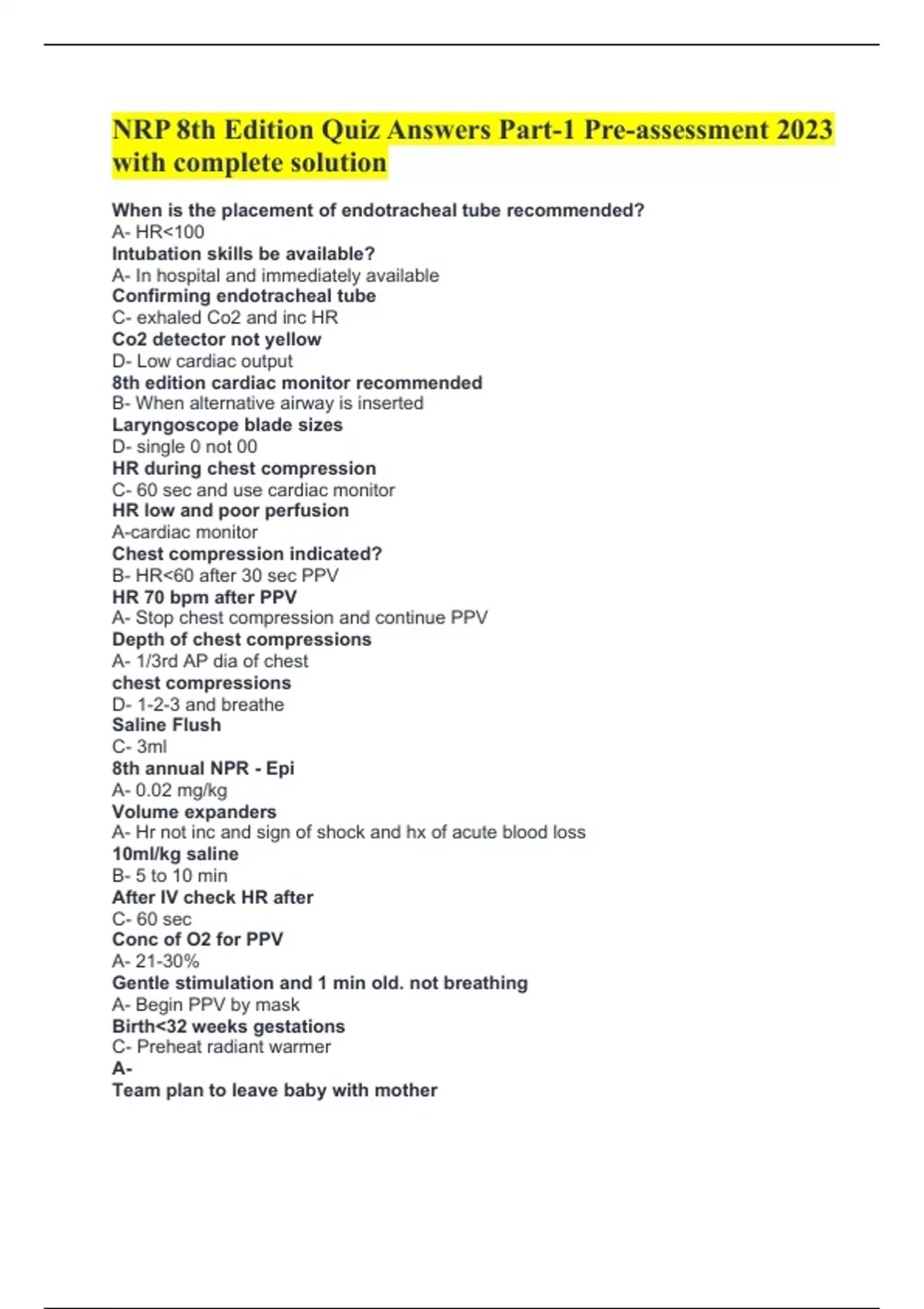 NRP 8th Edition Quiz Answers Part-1 Pre-assessment 2023 with complete solution - NRP 8th - Stuvia US