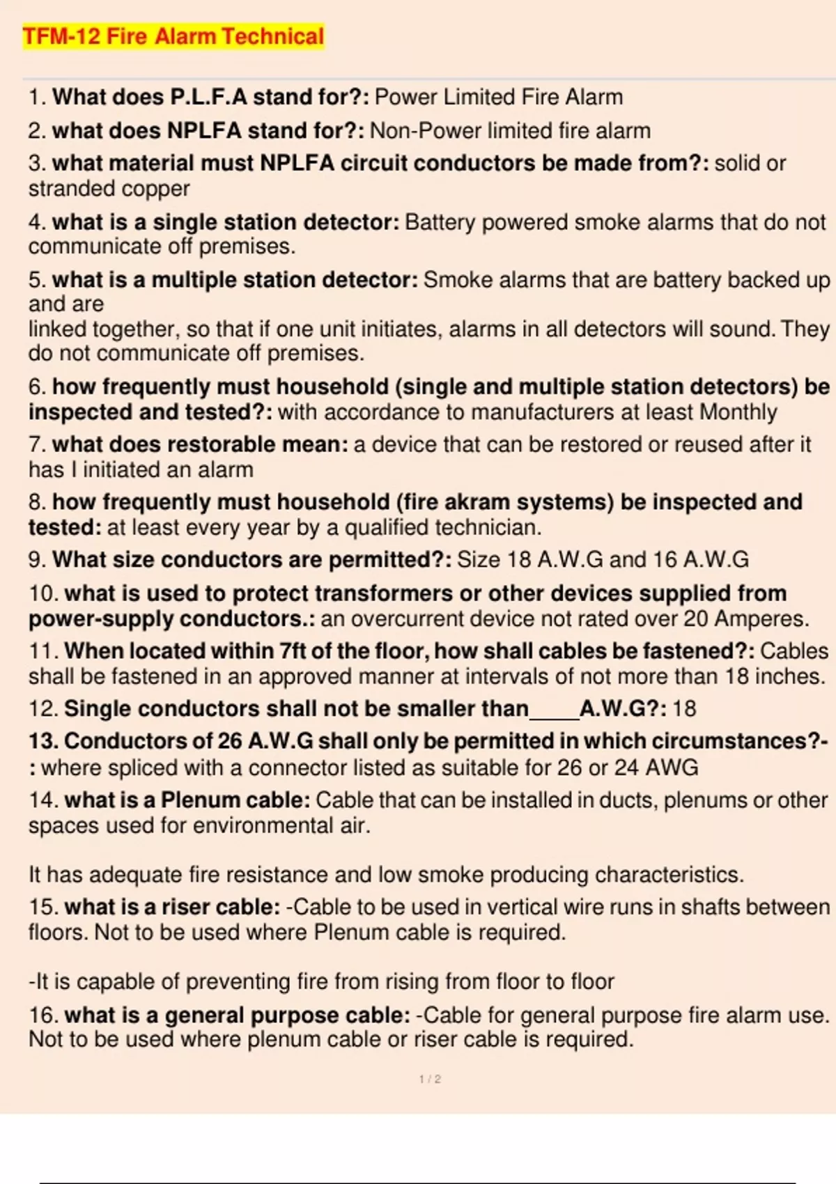 TFM-12 Fire Alarm Technical 1. What does P.L.F.A stand for?: Power ...