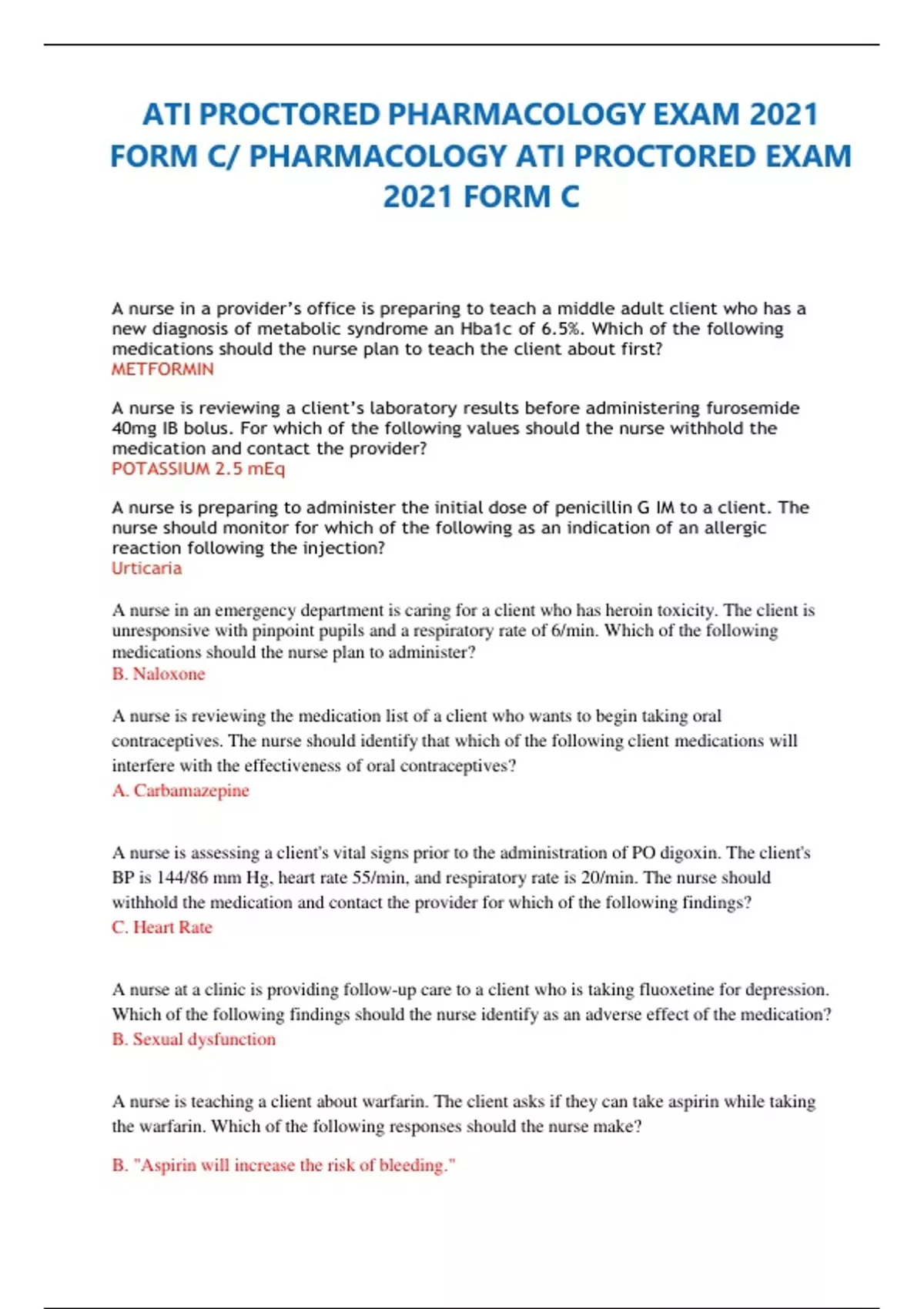 ATI PROCTORED PHARMACOLOGY EXAM 2021 FORM C/ PHARMACOLOGY ATI PROCTORED ...