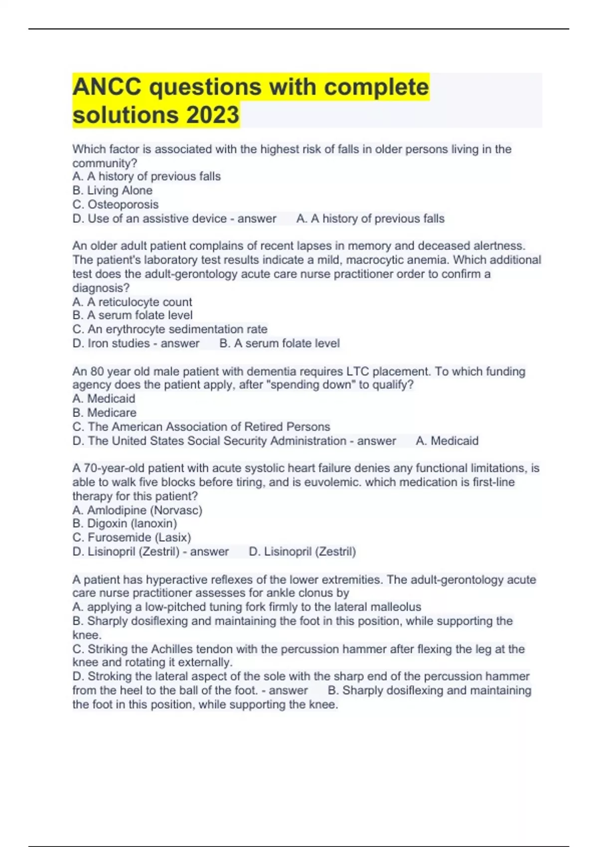 ANCC questions with complete solutions 2023 - ANCC AGPCNP - Stuvia US