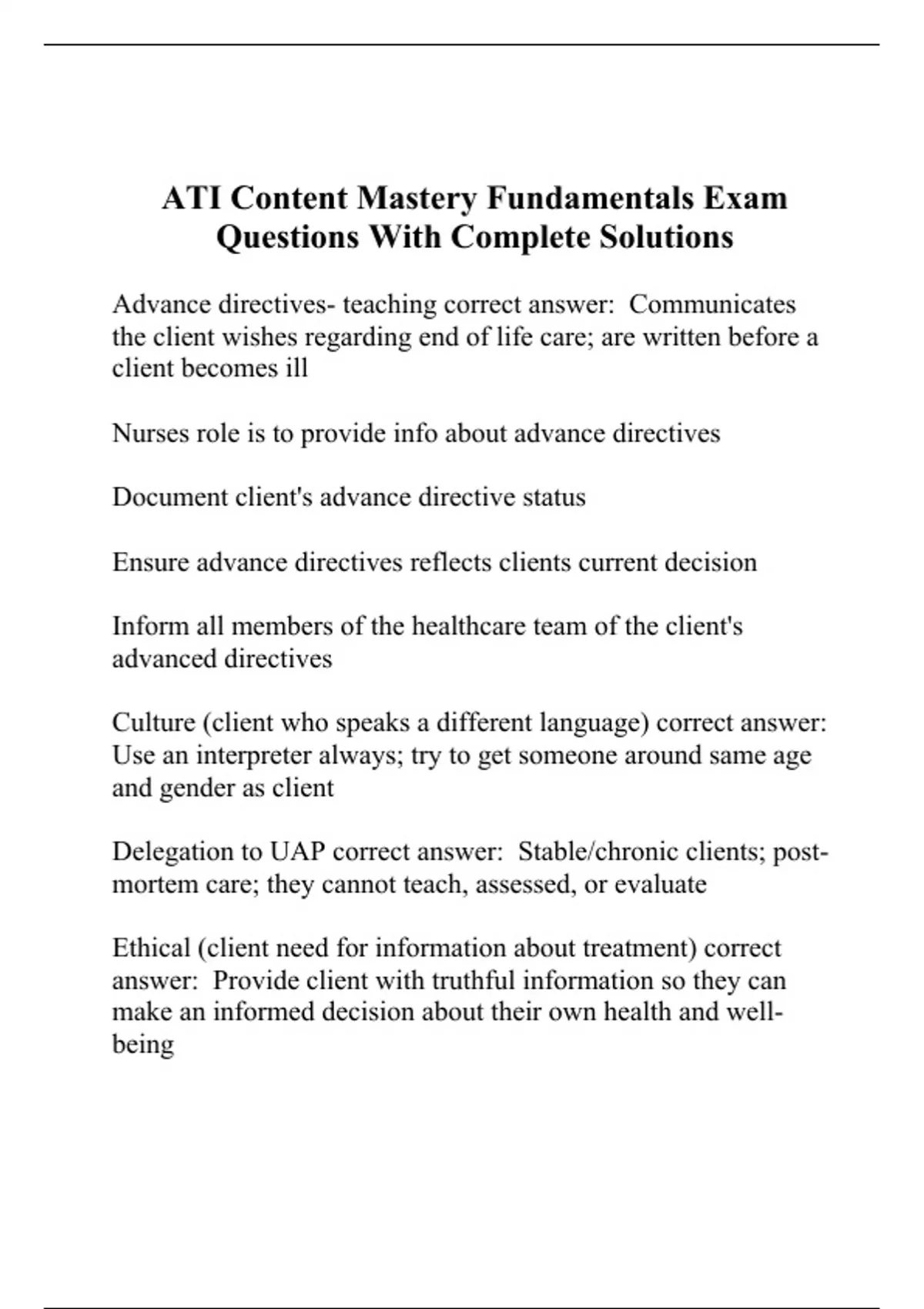 ATI Content Mastery Fundamentals Exam Questions With Complete Solutions ...