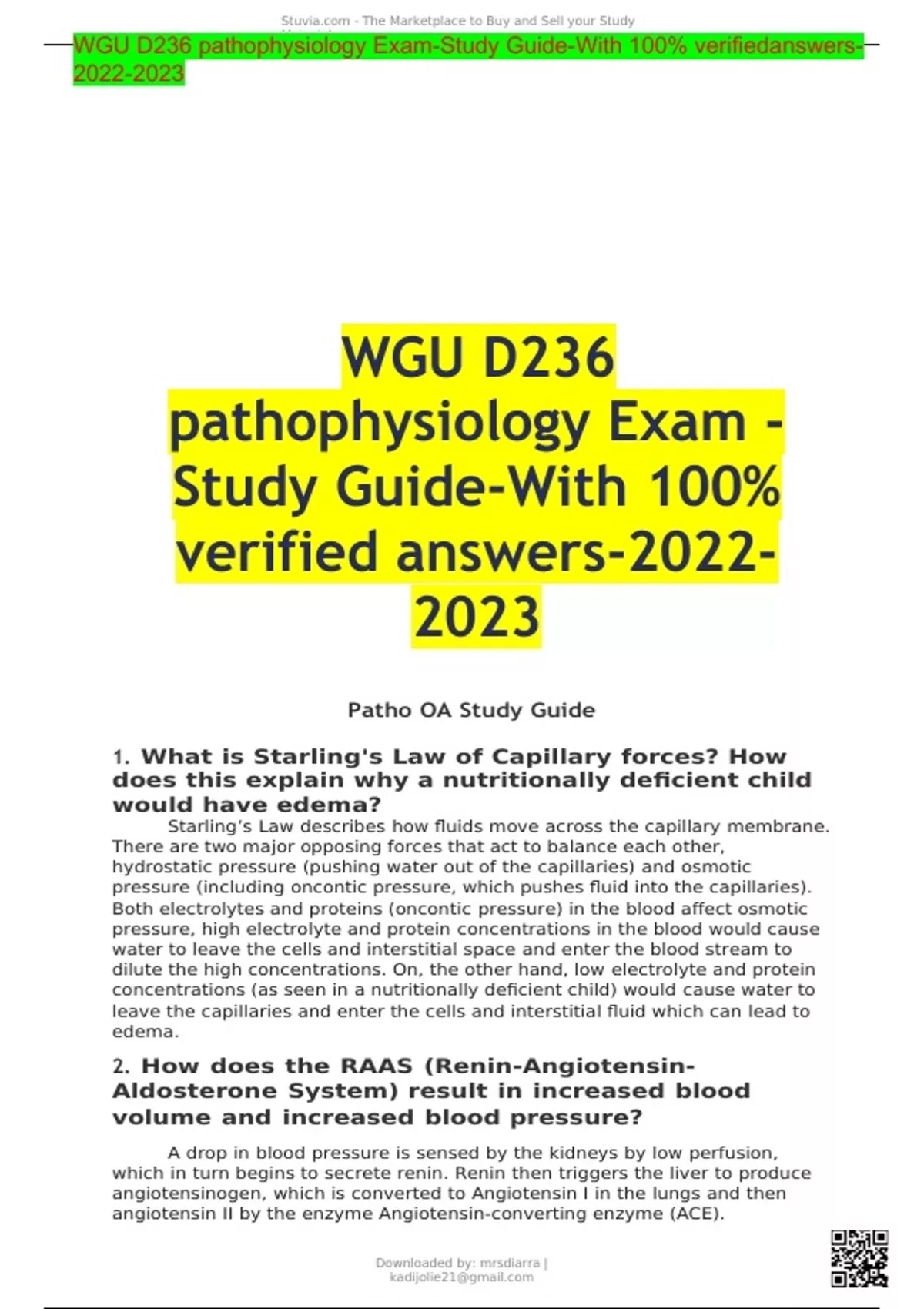 WGU D236 pathophysiology Exam -Study Guide-With 100% verified answers- - WGU D236 - Stuvia US
