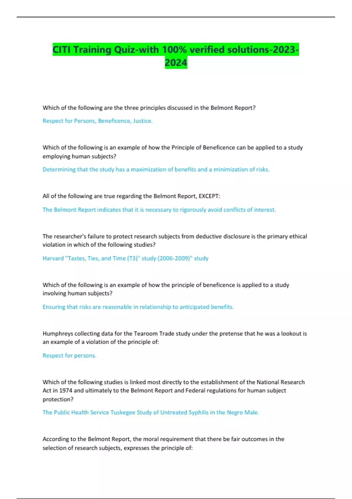 CITI Training Quiz-with 100% verified solutions- - CITI Good Practice ...