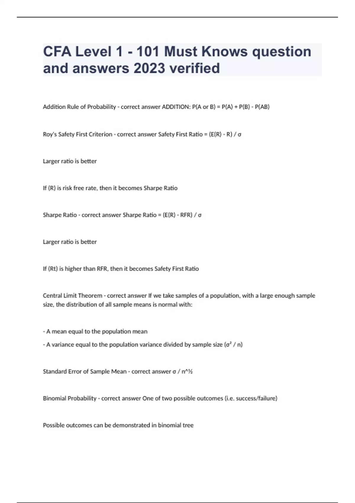 CFA Level 1 - 101 Must Knows question and answers 2023 verified - CFA ...