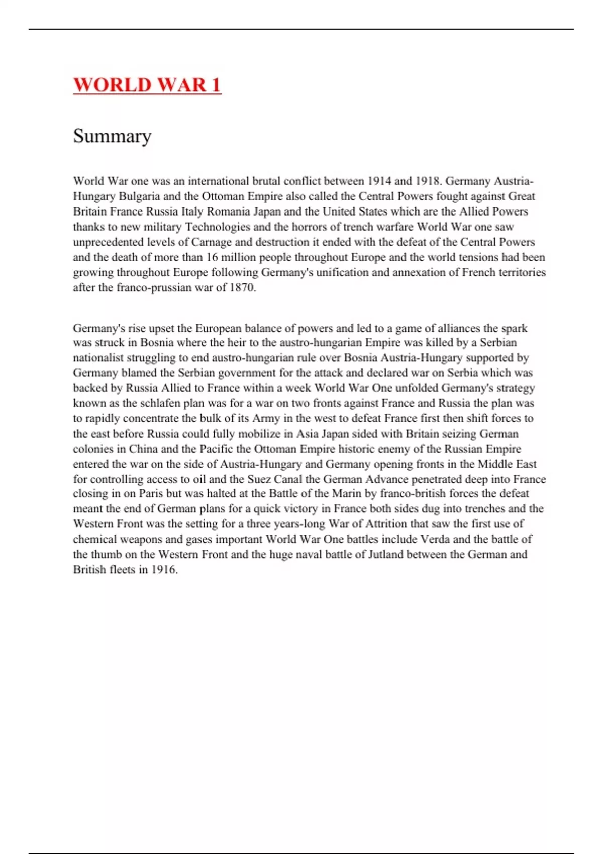 World War I Summary - History - Stuvia US