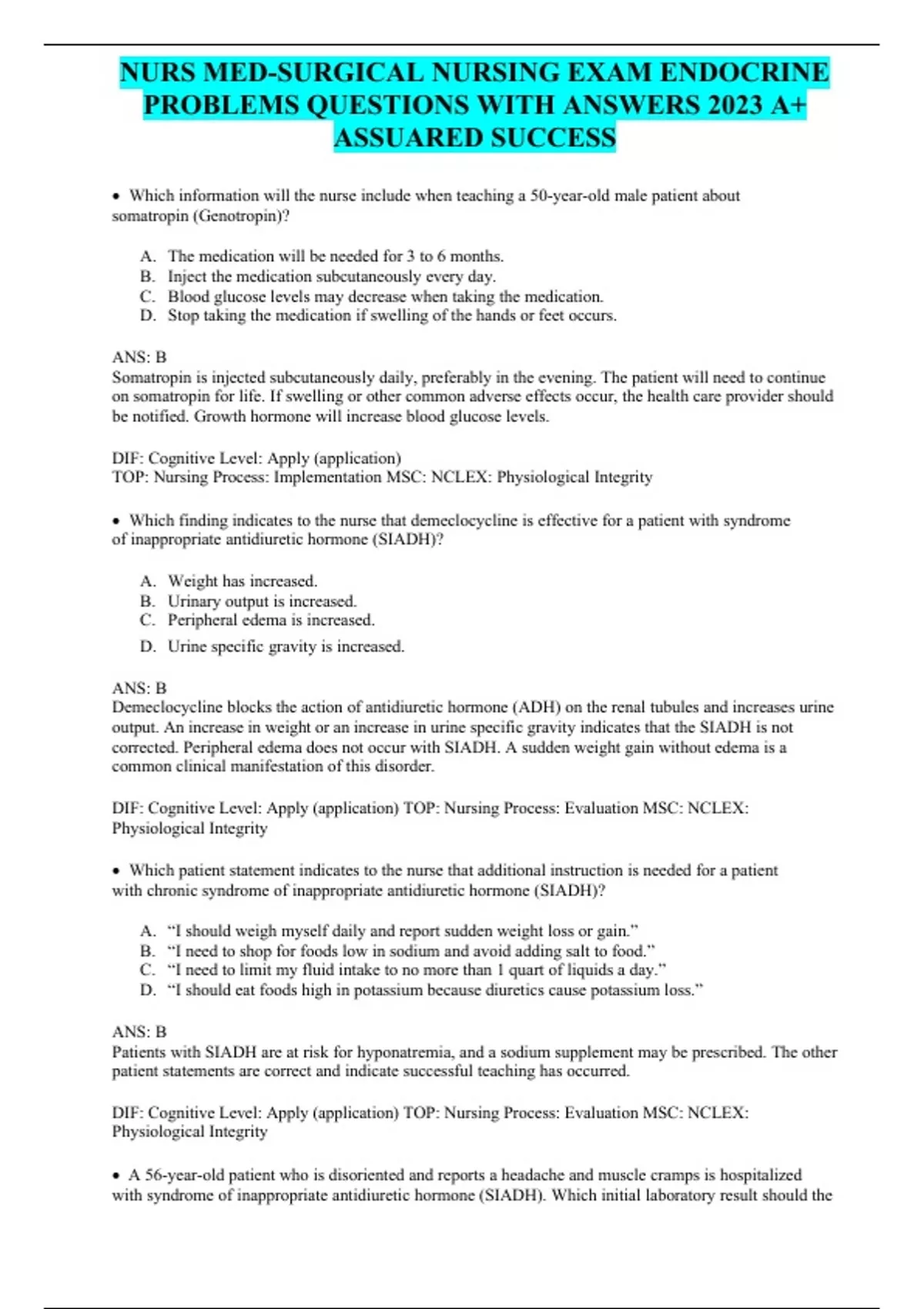 NURS MED-SURGICAL NURSING EXAM ENDOCRINE PROBLEMS QUESTIONS WITH ...