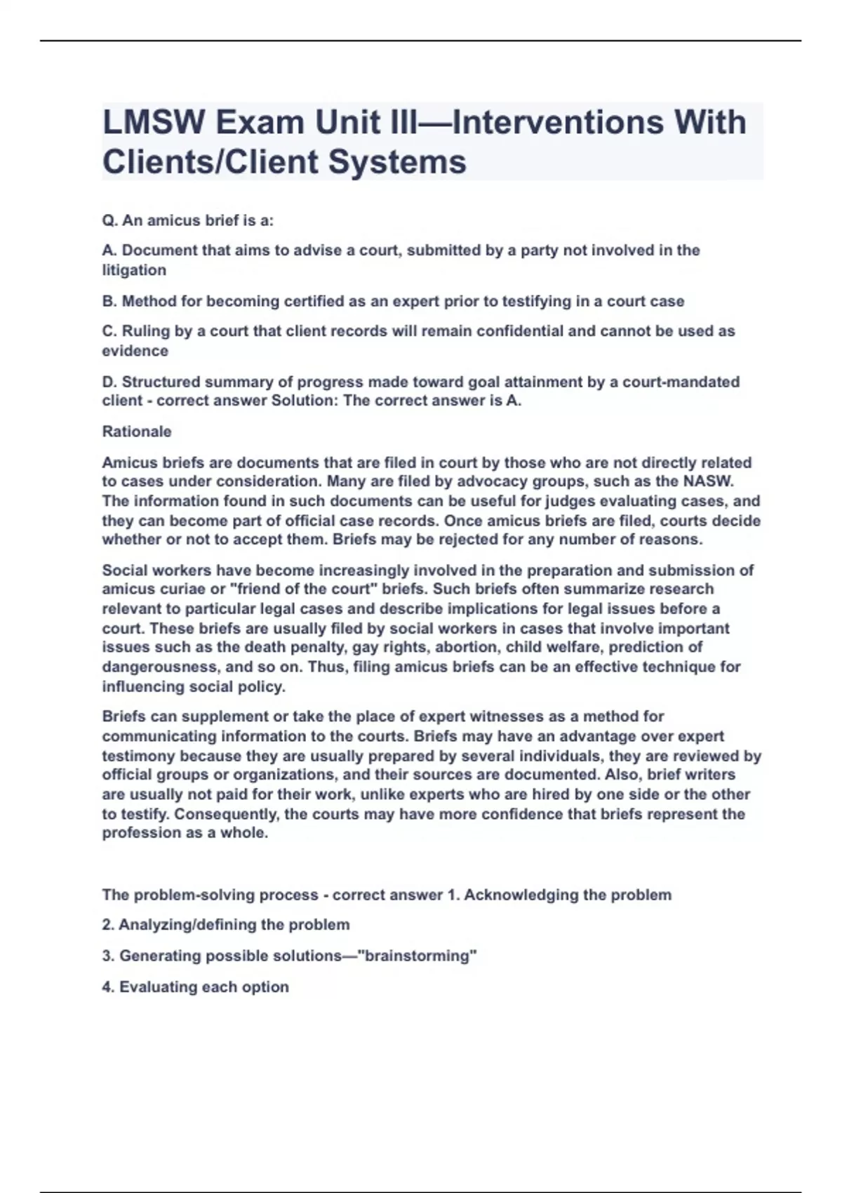 LMSW Exam Unit III—Interventions With Clients/Client Systems|2023 ...