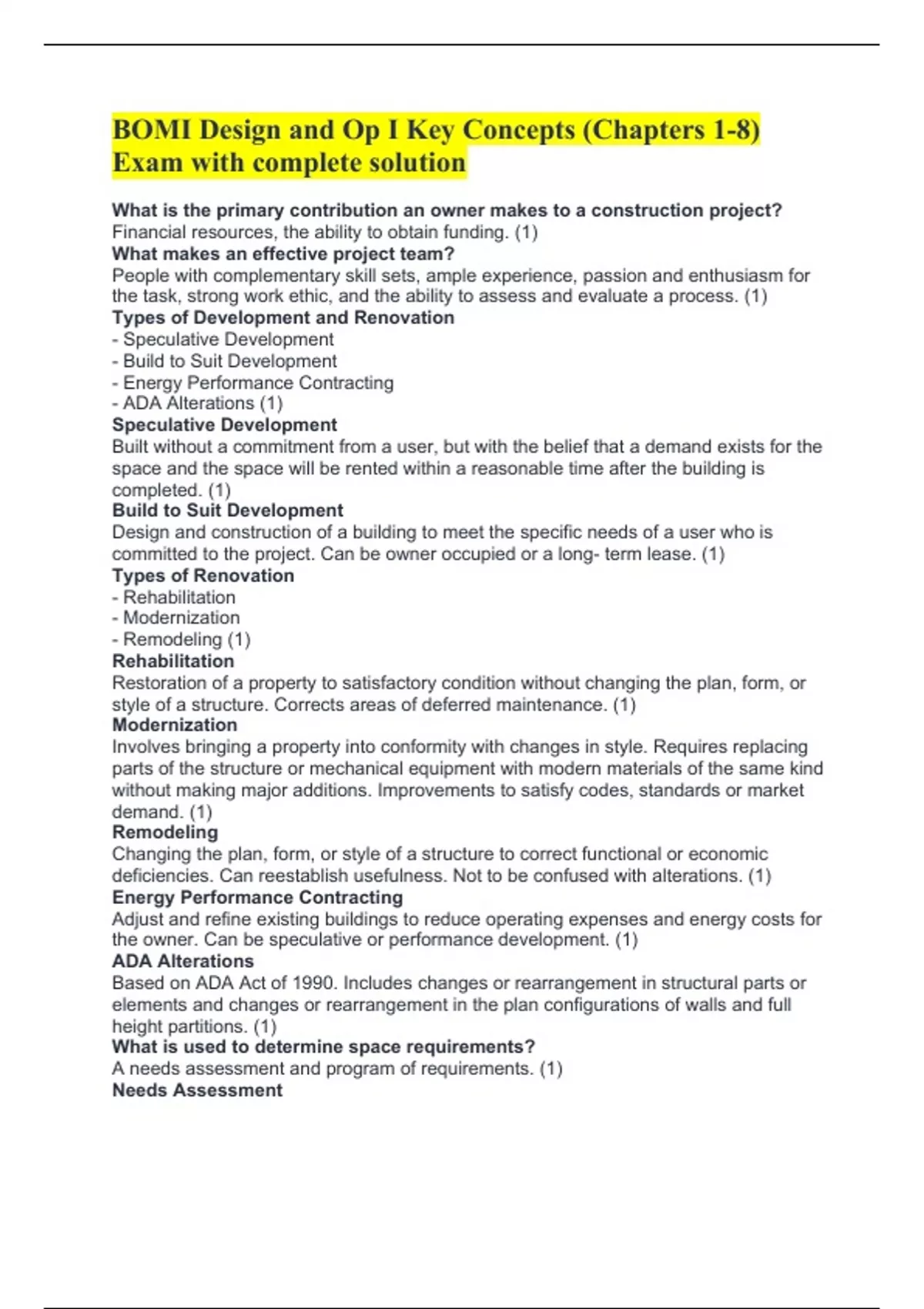 BOMI Design and Op I Key Concepts (Chapters 1-8) Exam with complete solution - BOMI Design and ...