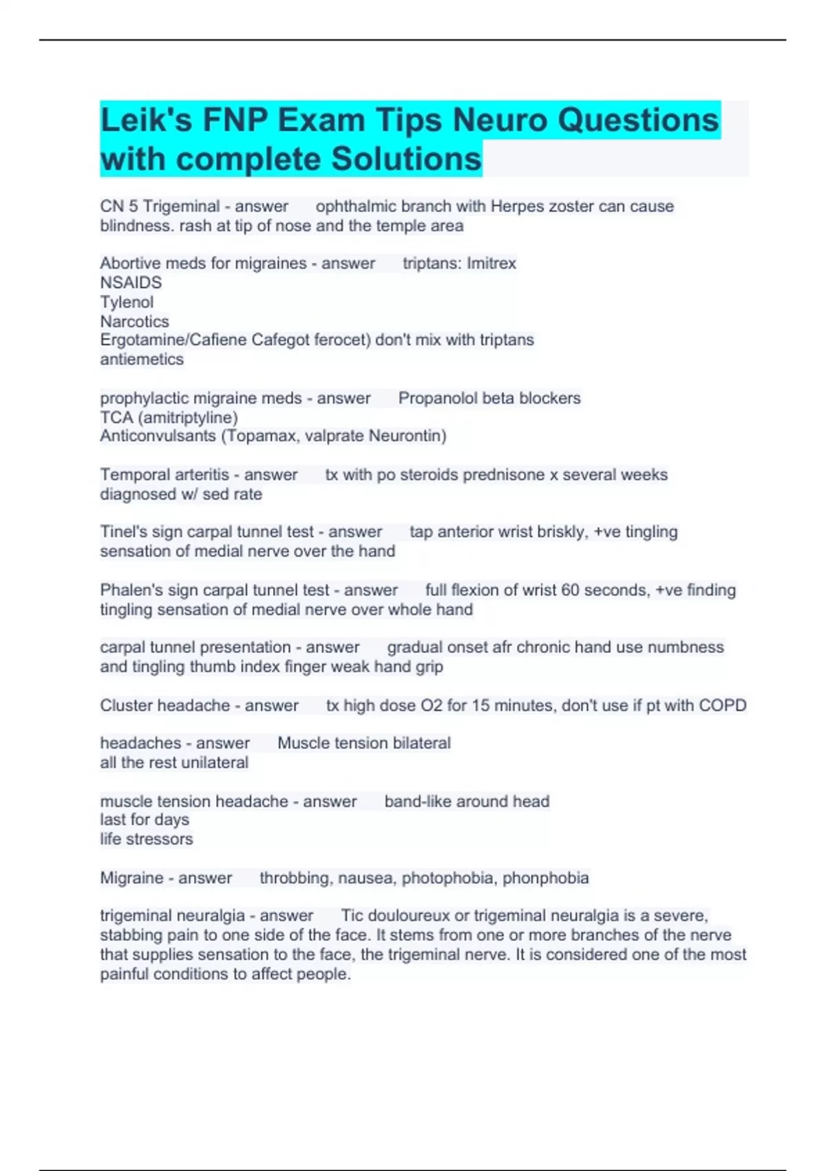 Leik's FNP Exam Tips Neuro Questions with complete Solutions - LEIK FNP ...