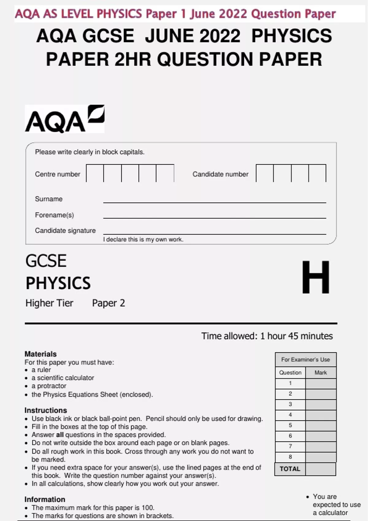 AQA AS LEVEL PHYSICS Paper 1 June 2022 Question Paper - AQA - Stuvia US
