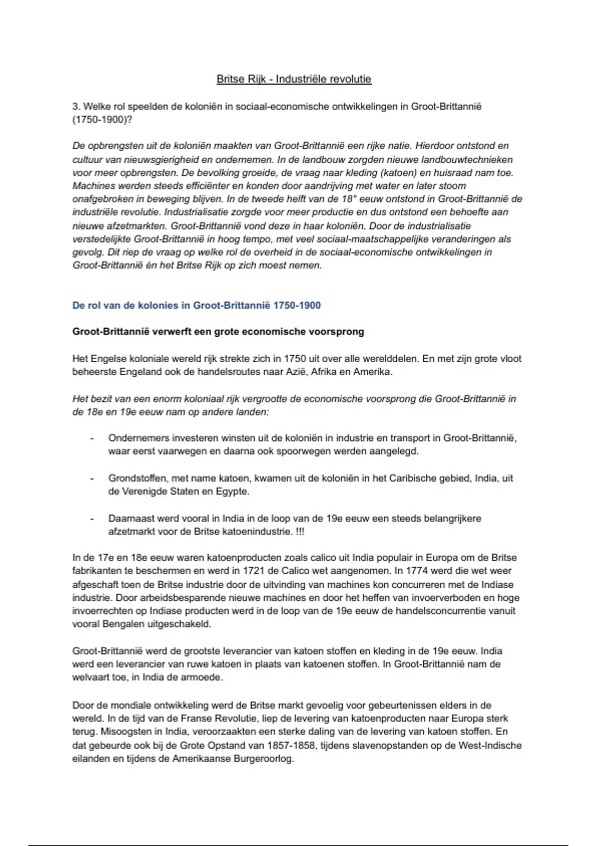 Samenvatting Geschiedenis HC Britse Rijk: Industriele revolutie ...