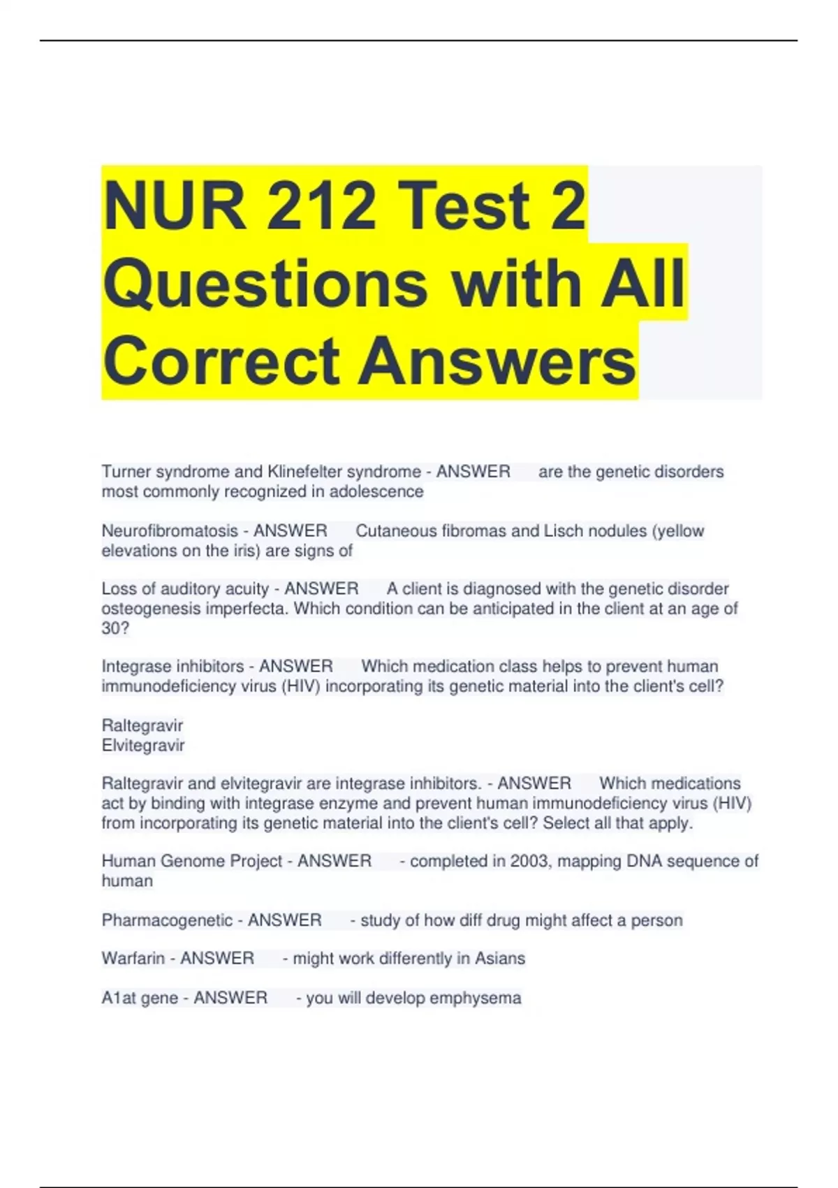NUR 212 Test 2 Questions with All Correct Answers - NUR 212 - Stuvia US
