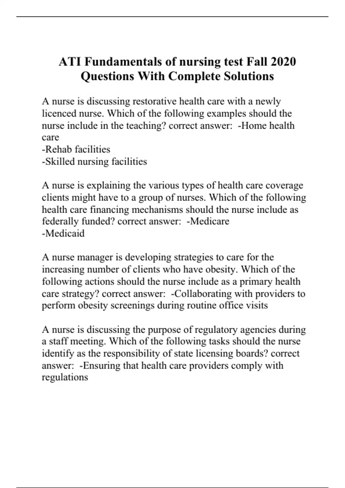 ATI Fundamentals of nursing test Fall 2020 Questions With Complete ...