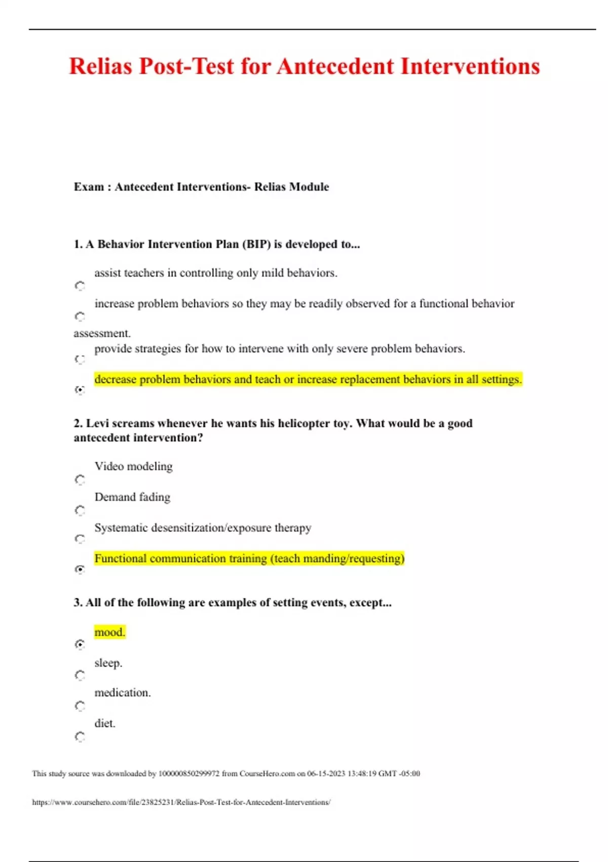 Relias Post-Test for Antecedent Interventions - Relias Post-Test for ...